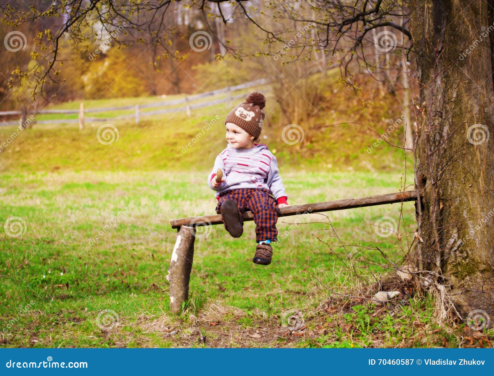 A Little Boy is Sitting Under a Tree. Stock Image - Image of child ...