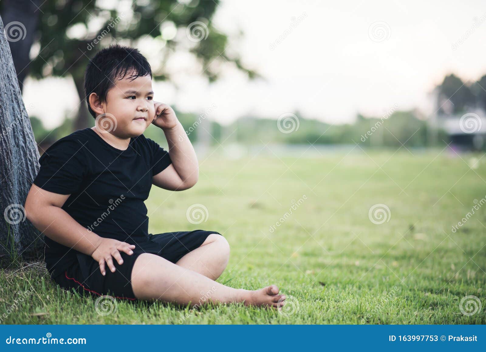 Little Boy Sitting Under the Tree Thinking Stock Image - Image of face ...