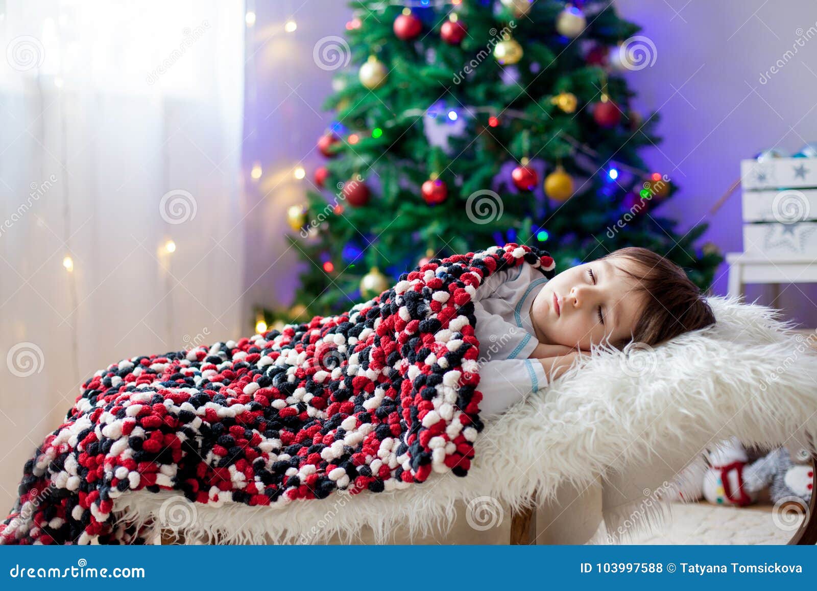 Little Boy, Sleeping Under the Christmas Tree Stock Photo - Image of ...