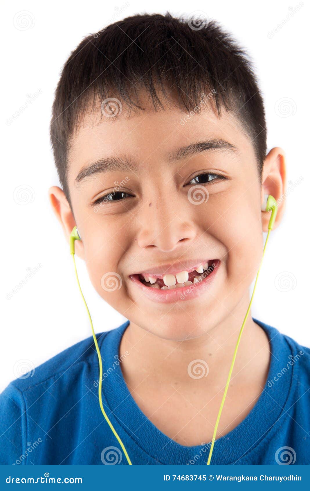 Little Boy Smiling Using Earphone Headset Listen the Music Stock Image ...