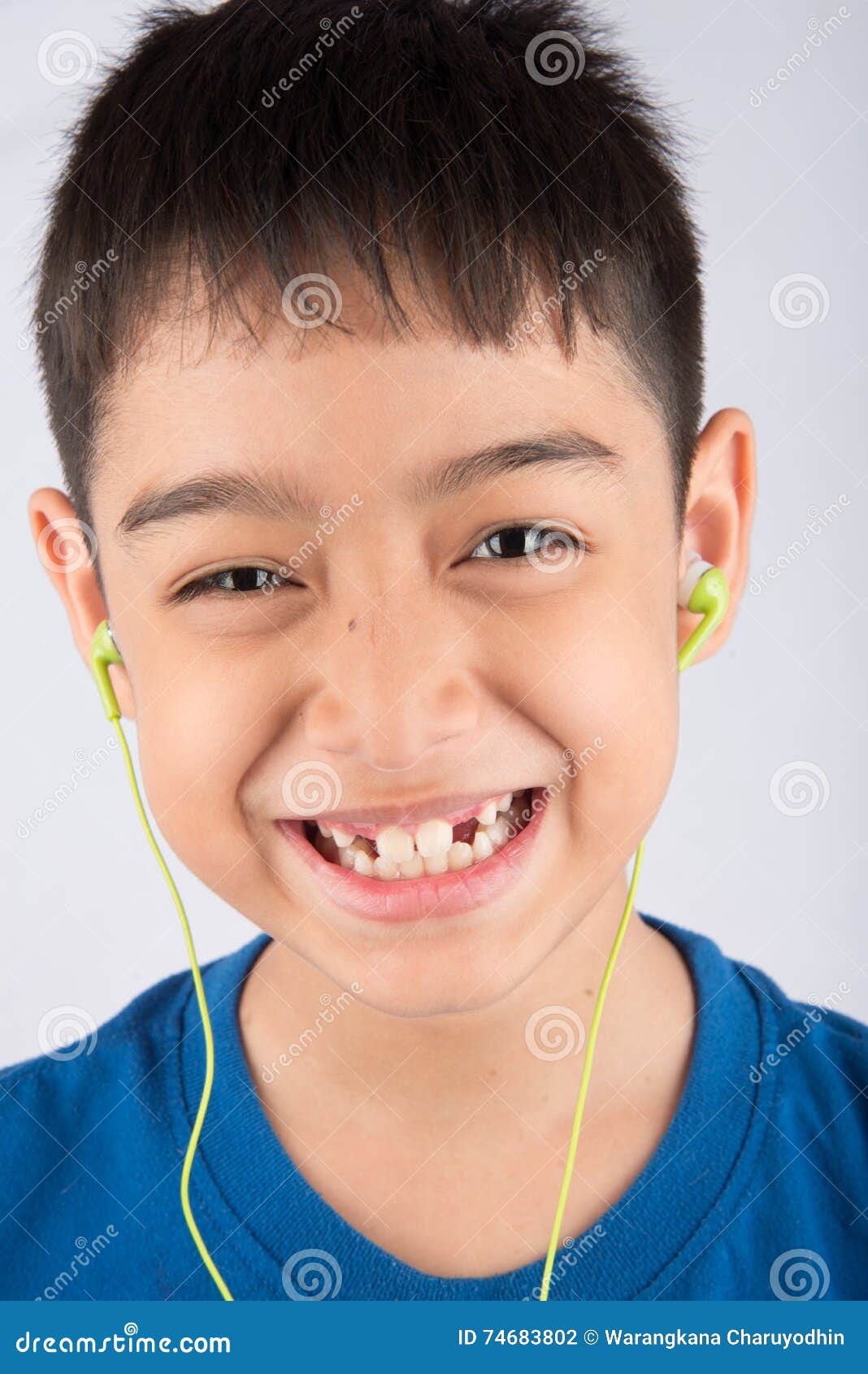 Little Boy Smiling Using Earphone Headset Listen the Music Stock Photo ...