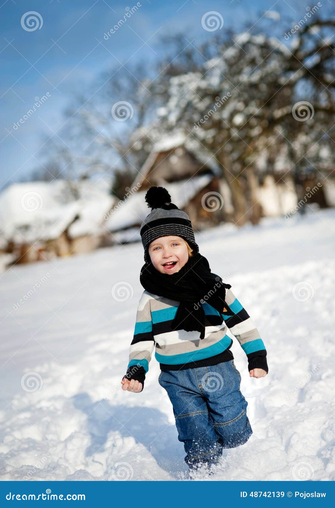 Little boy in the snow. stock image. Image of white, cute - 48742139