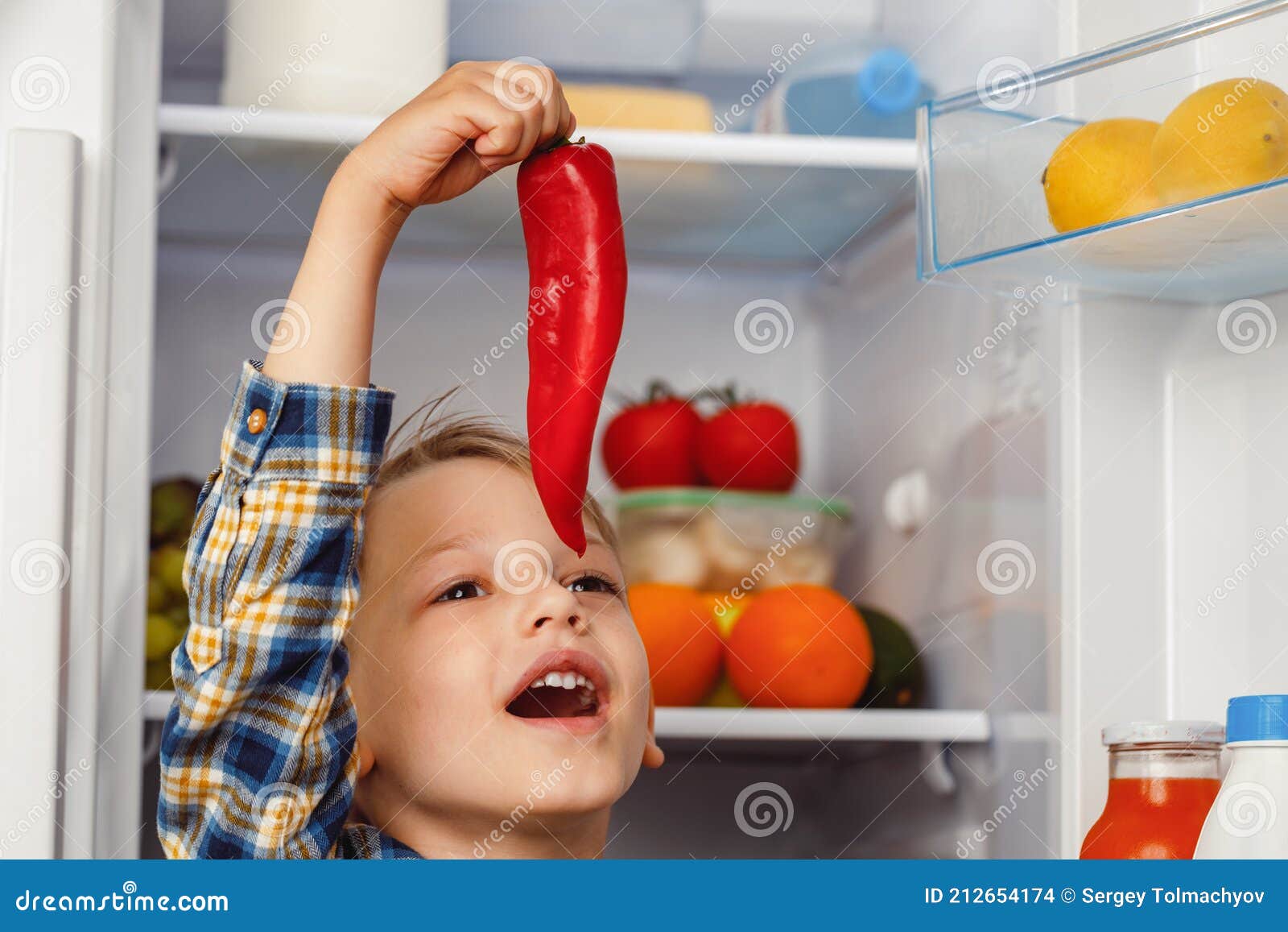 Little Boy Standing Near the Open Fridge Stock Photo - Image of ...