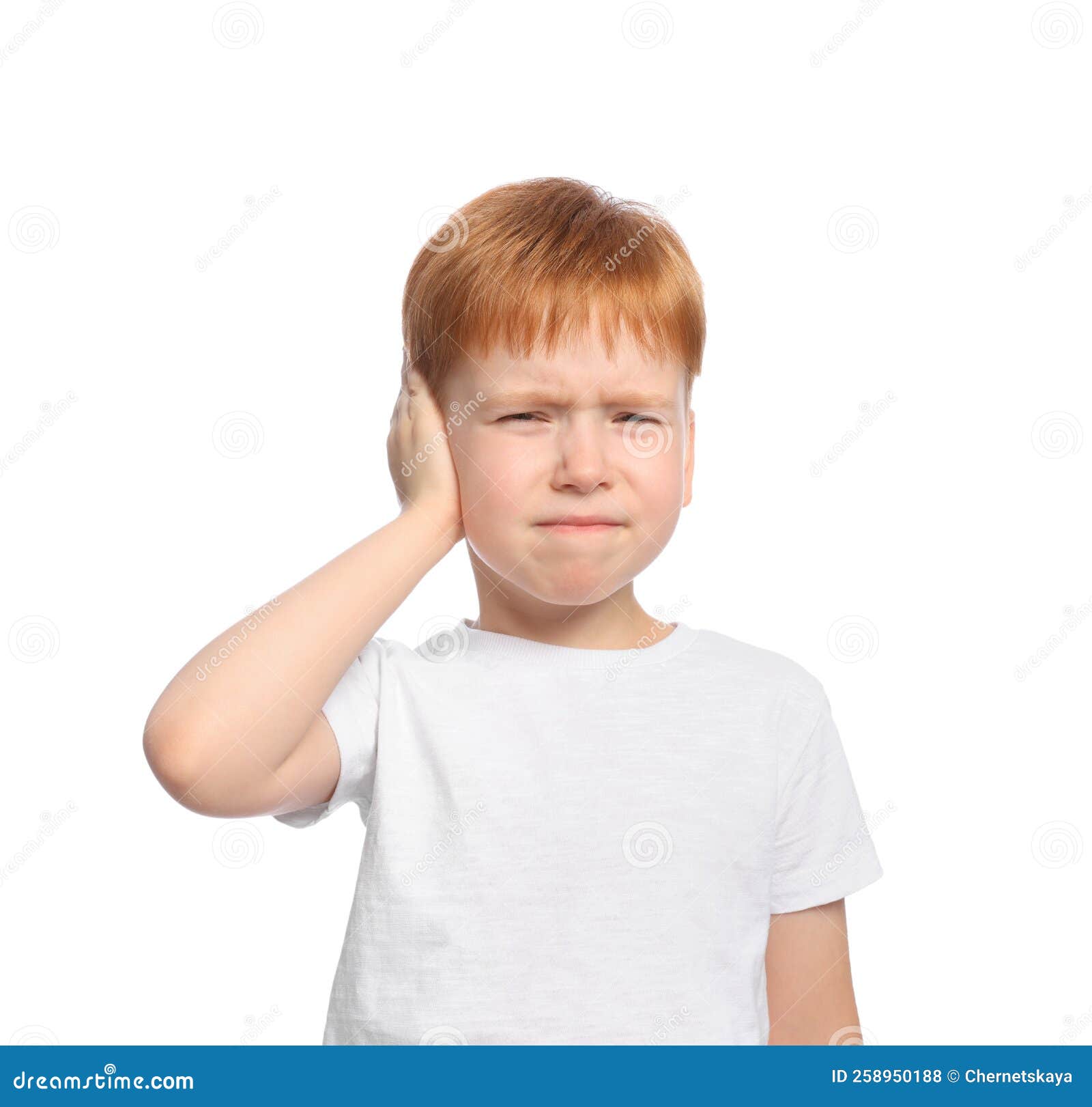 Little Boy Suffering from Ear Pain on White Background Stock Photo ...