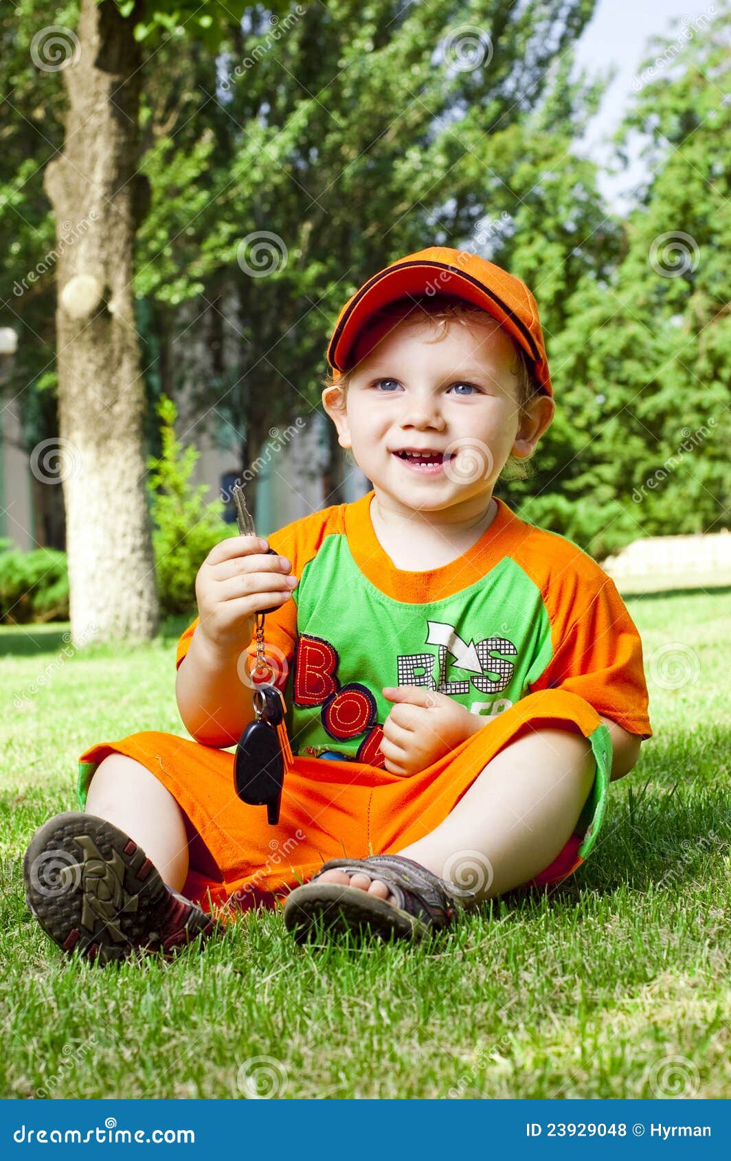 Little Boy is in Summer on a Lawn Stock Photo - Image of hair, land ...