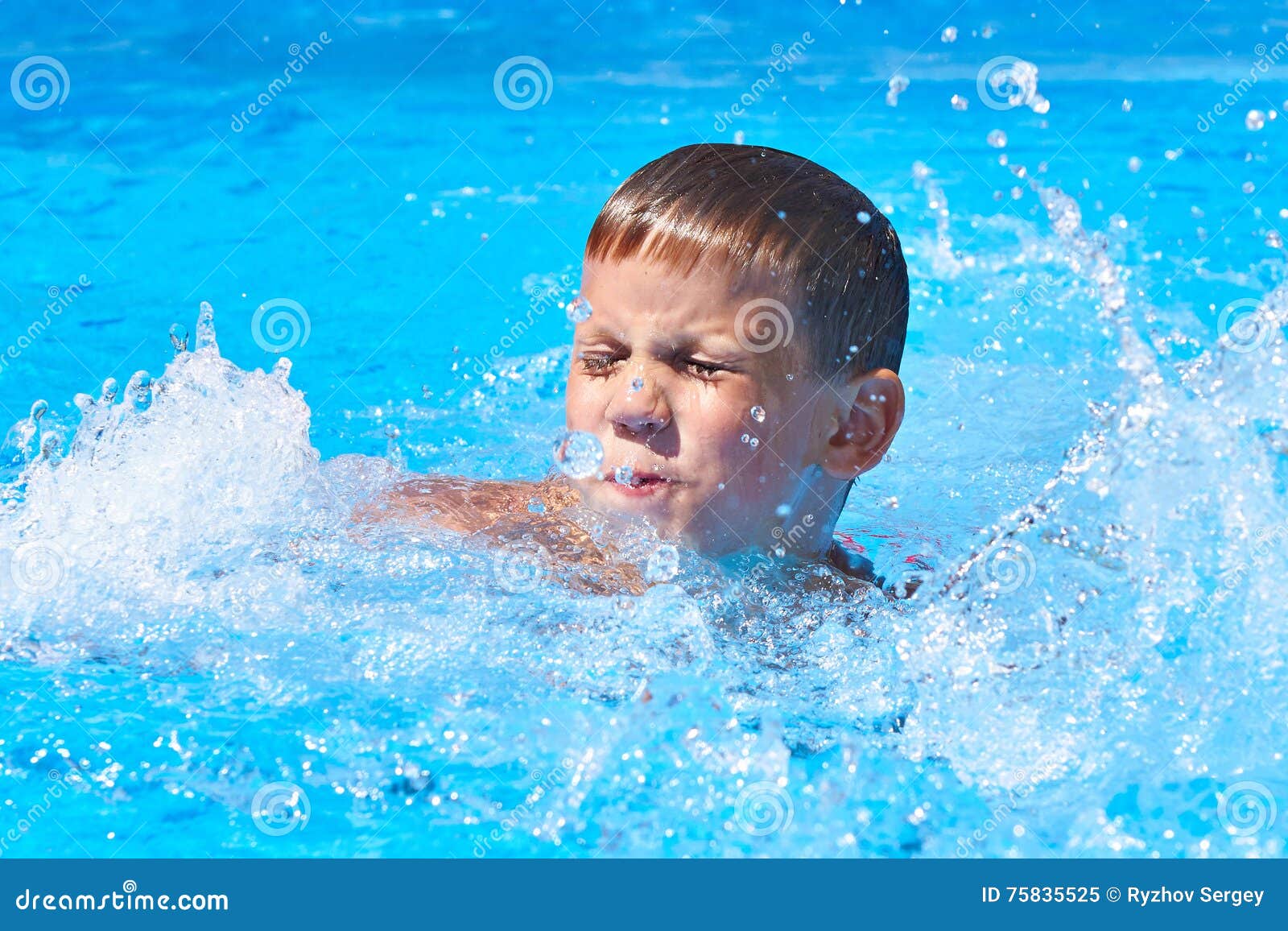 Little Boy Swimming in Pool Stock Image - Image of portrait, blink ...