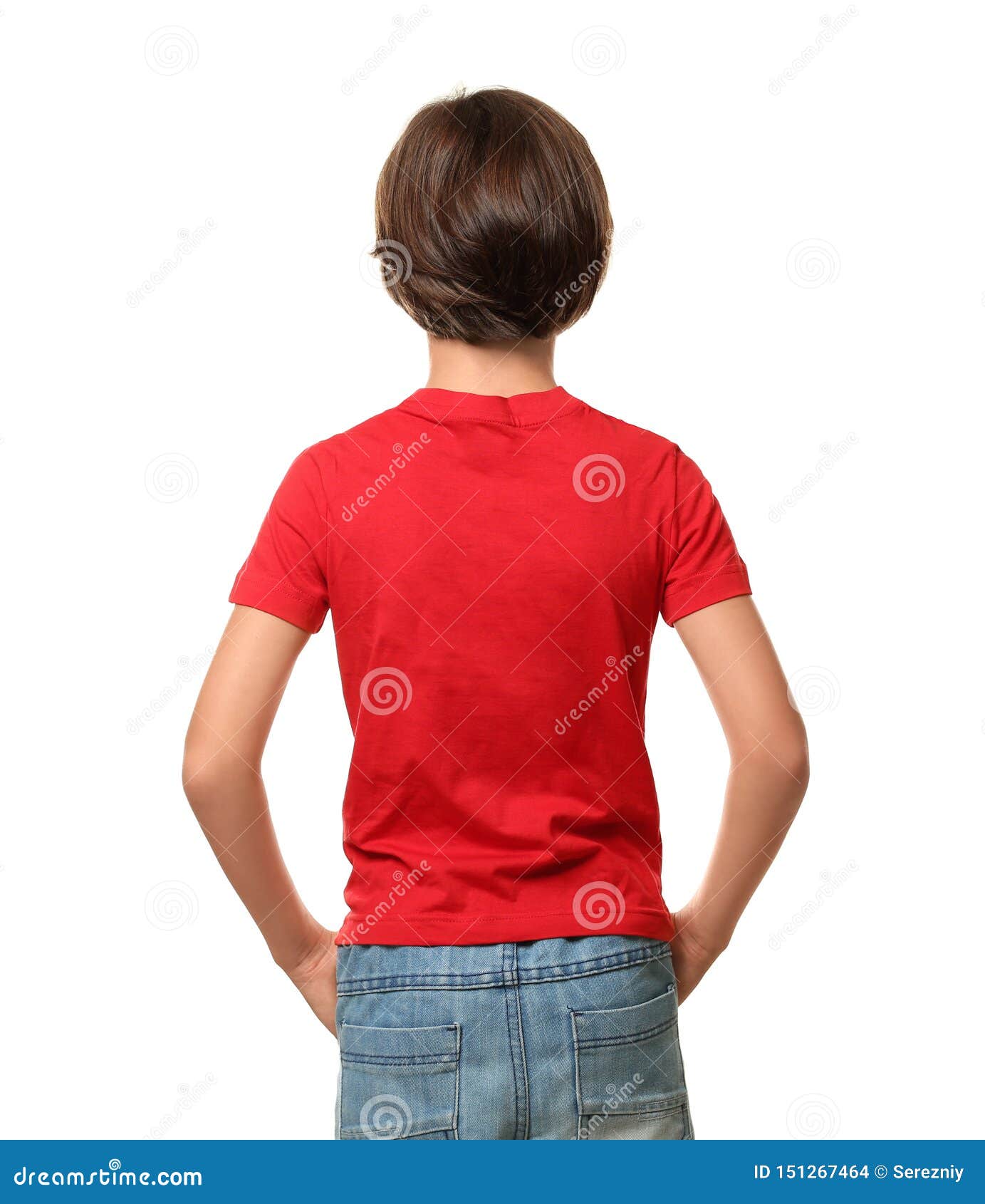 Little Boy in T-shirt on White Background, Back View Stock Photo ...