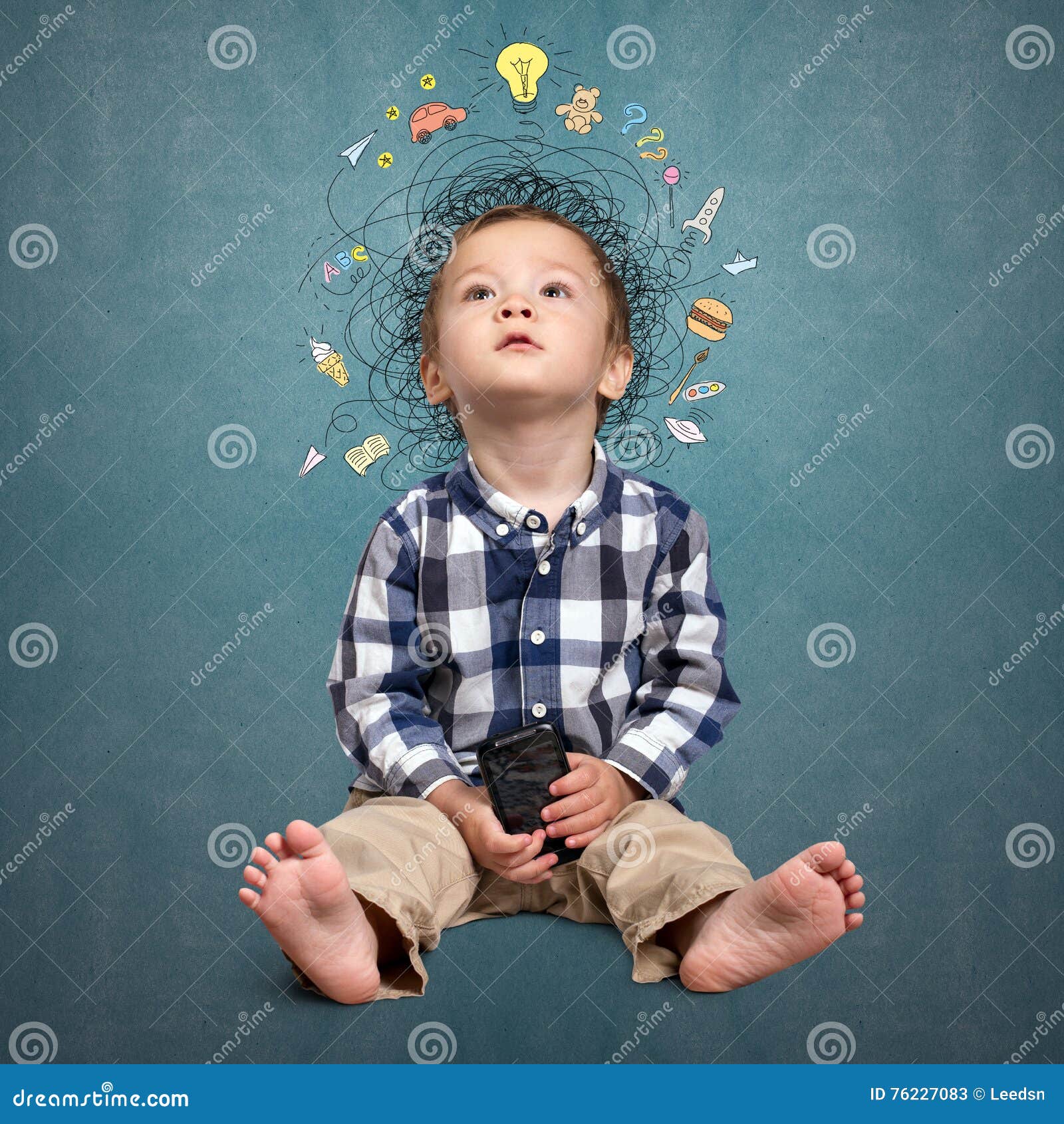 Little boy thinking stock image. Image of childhood, cell - 76227083
