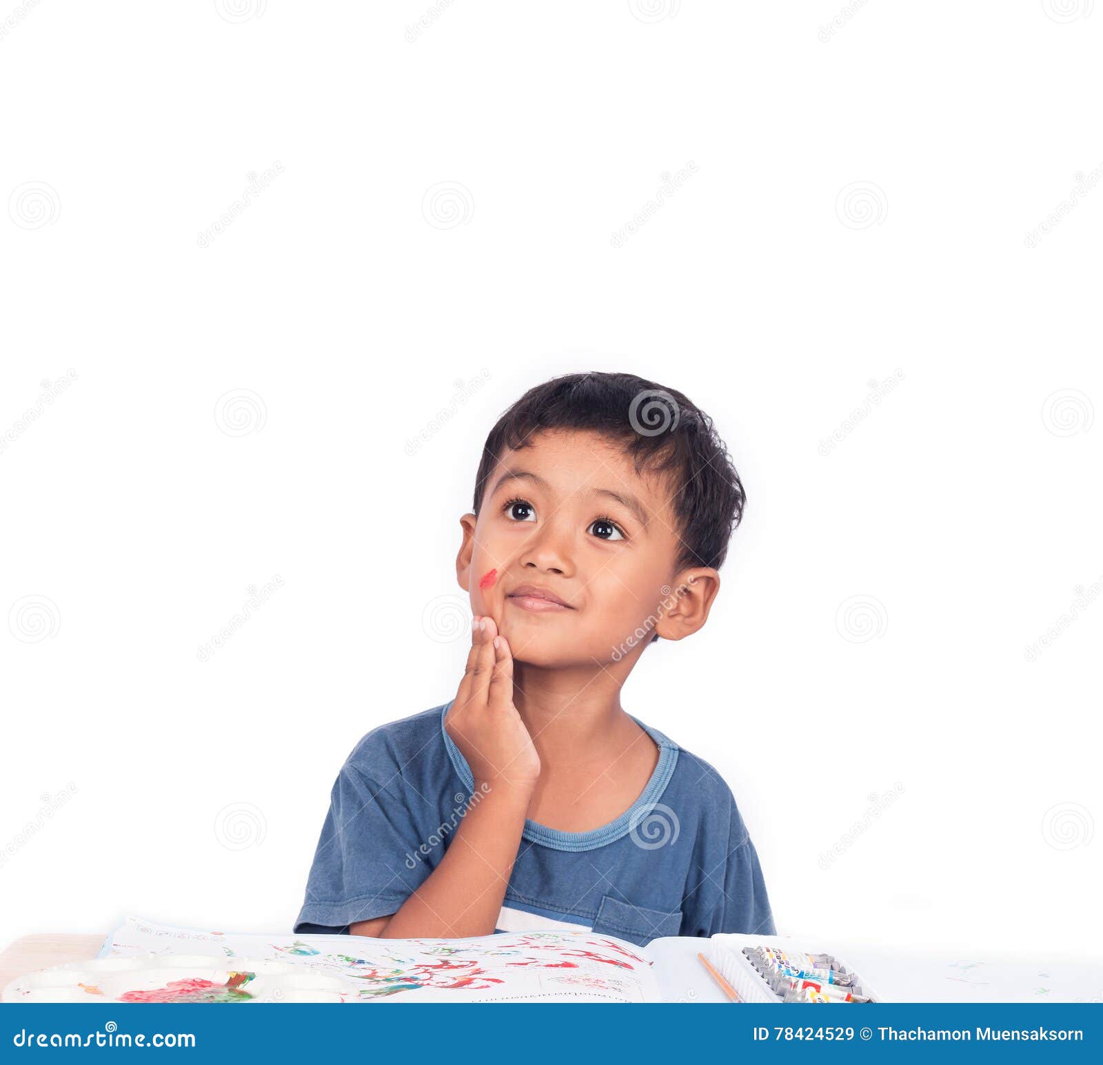 Little Boy Thinking while Doing Homework Stock Image - Image of reading ...