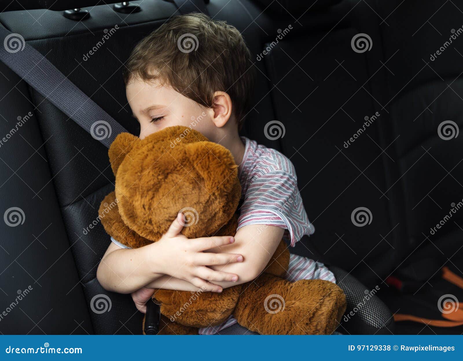 Little Boy Tired and Sleeping Hug Teddybear in a Car Stock Photo ...