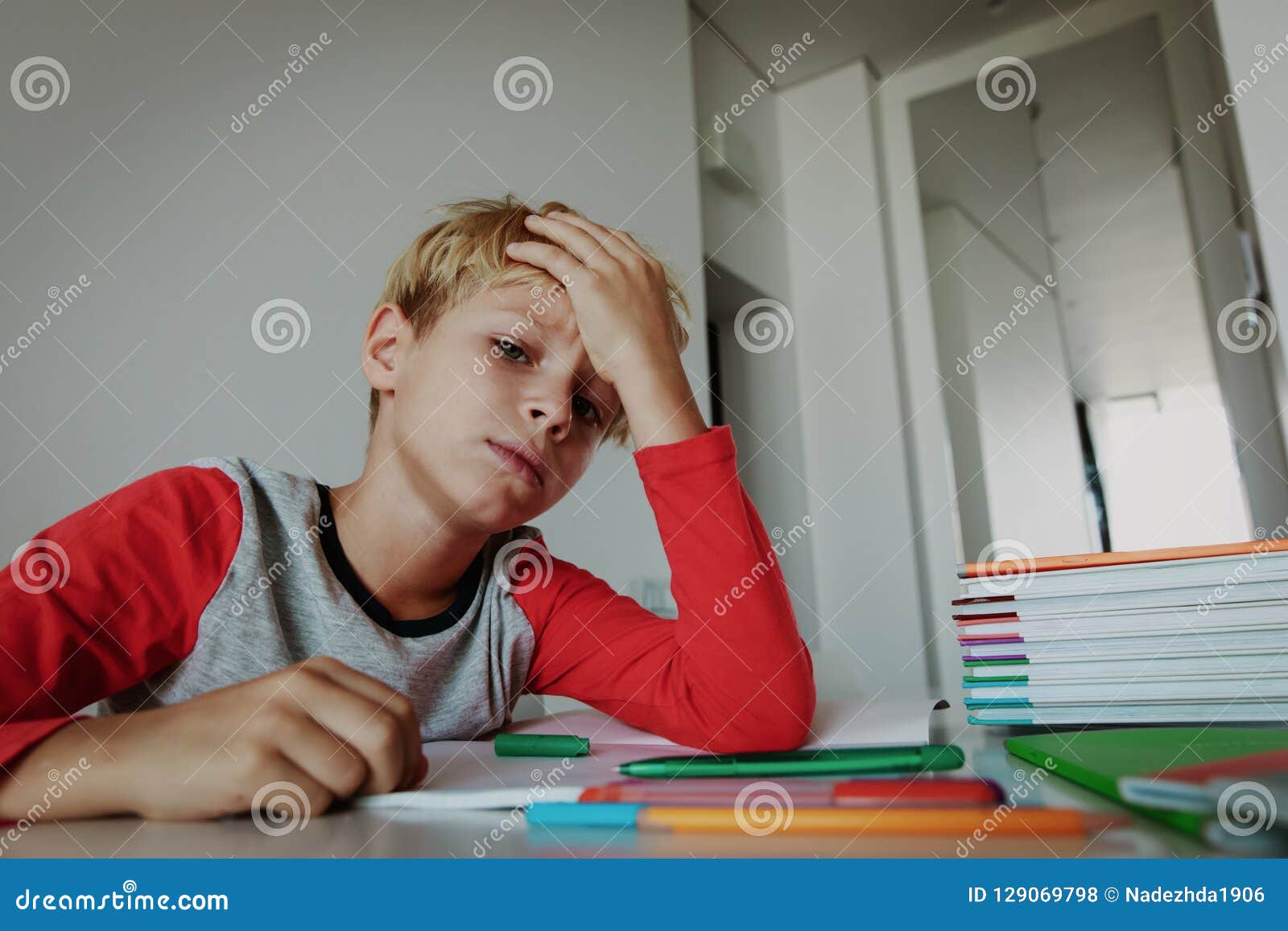 Little Boy Tired Stressed of Doing Homework, Bored, Exhausted Stock ...