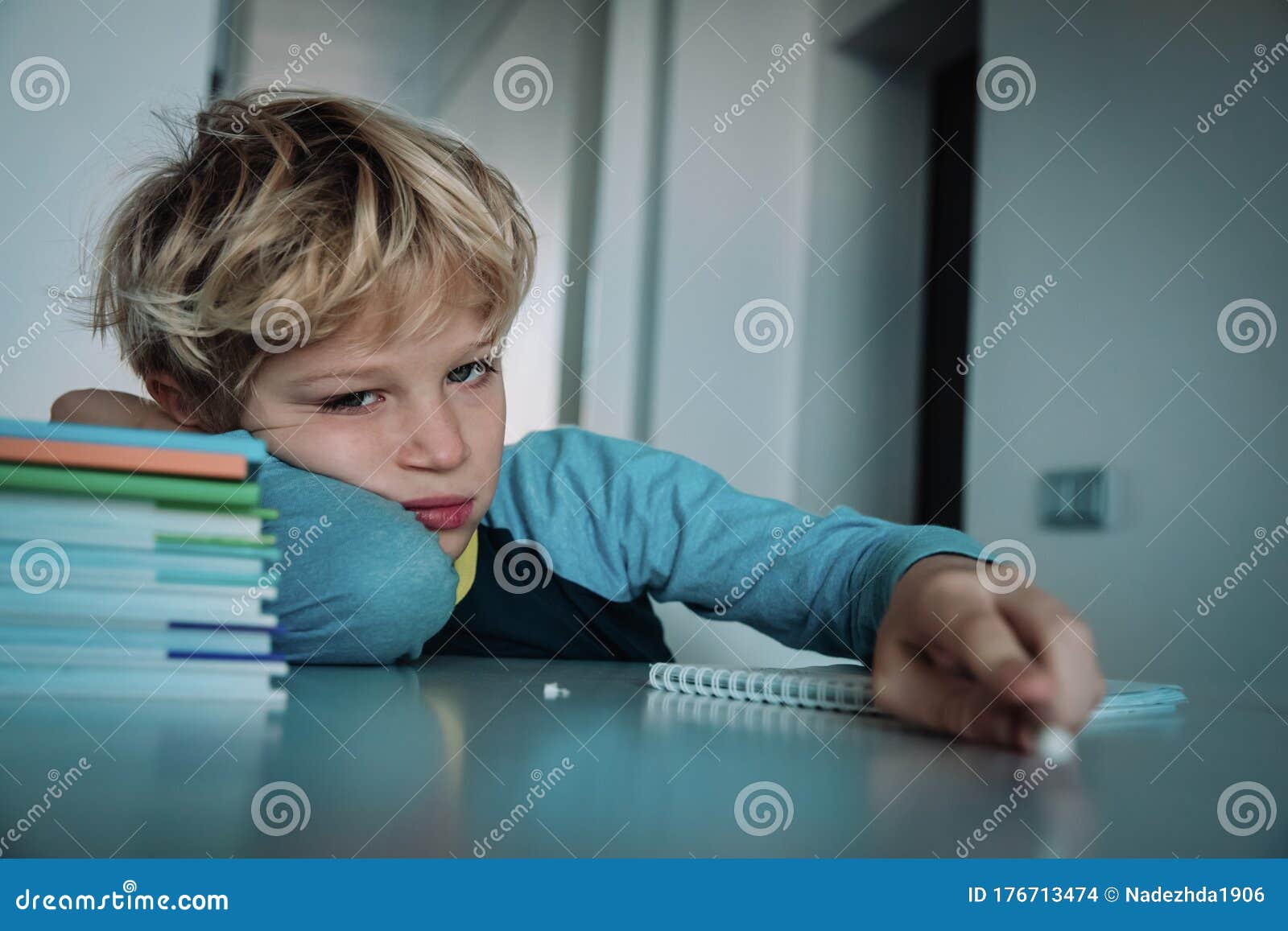 Little Boy Tired Stressed of Reading, Doing Homework Stock Photo ...