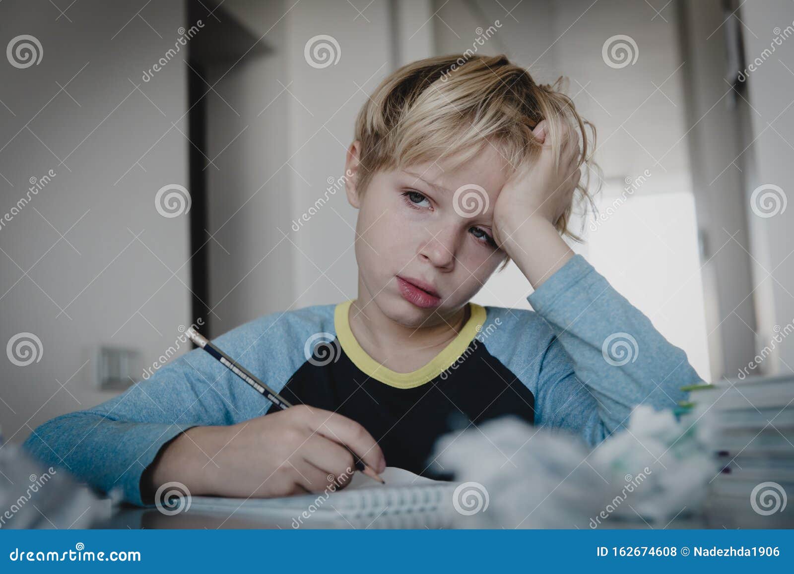 Little Boy Tired Stressed of Writing, Doing Homework Stock Photo ...