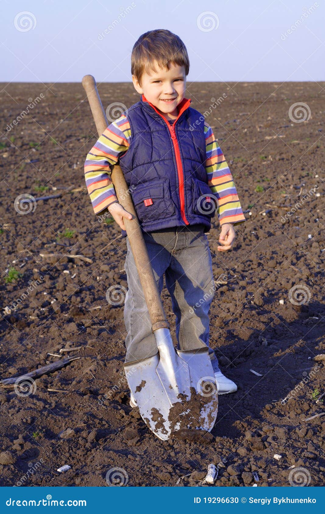 Little Boy To Dig on Field with Big Shovel Stock Photo - Image of hold ...