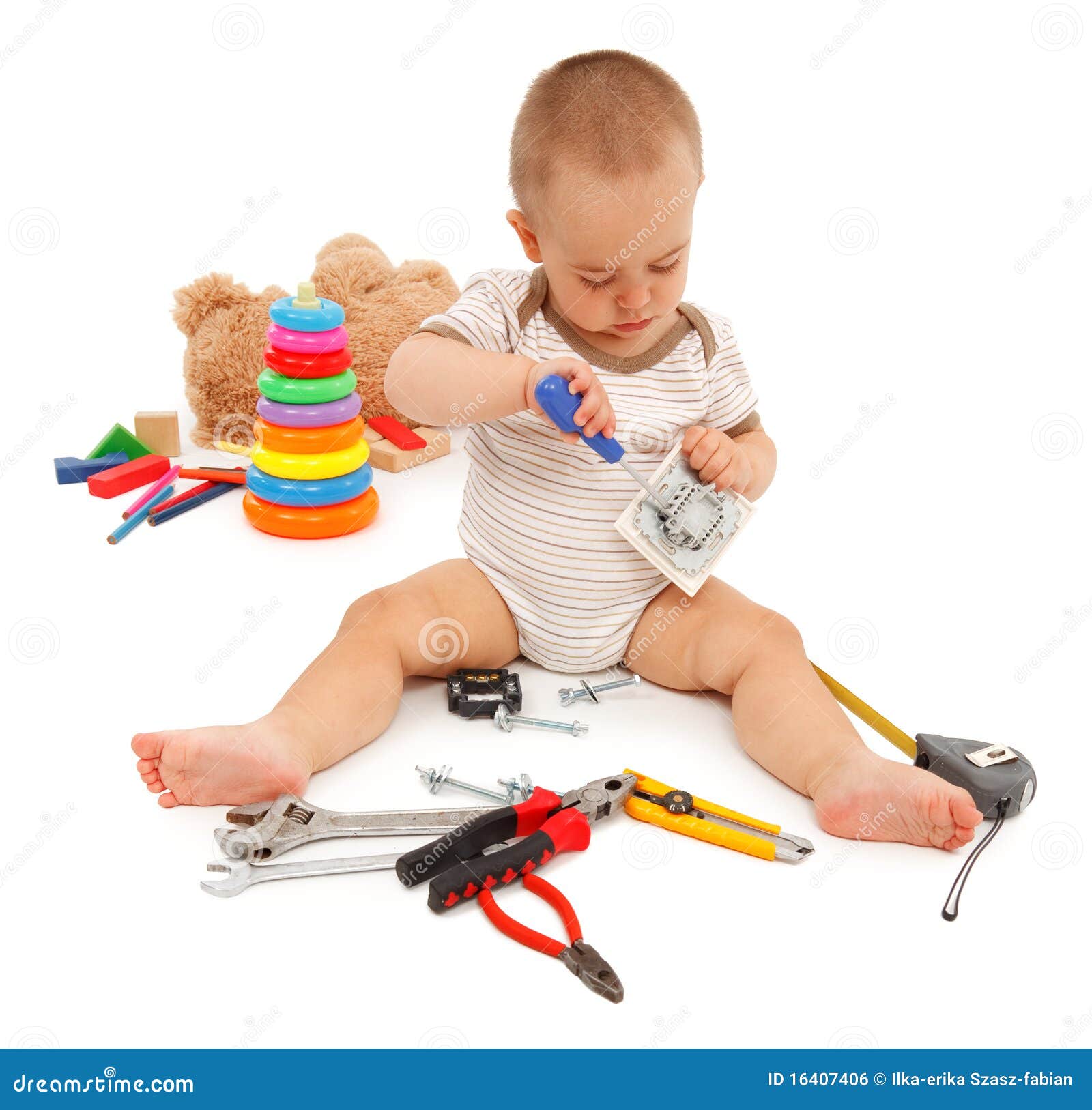 Little boy with tools stock photo. Image of barefoot - 16407406