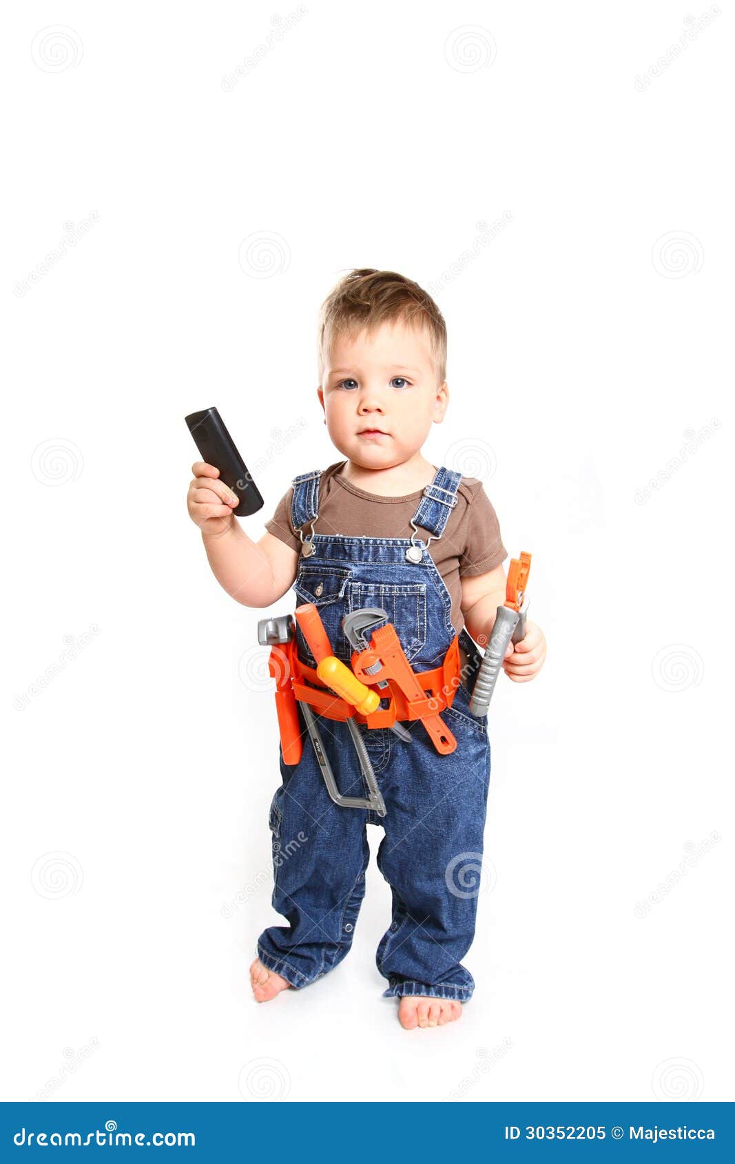 Little Boy with Tools and Mobile Phone on a White Background Stock ...