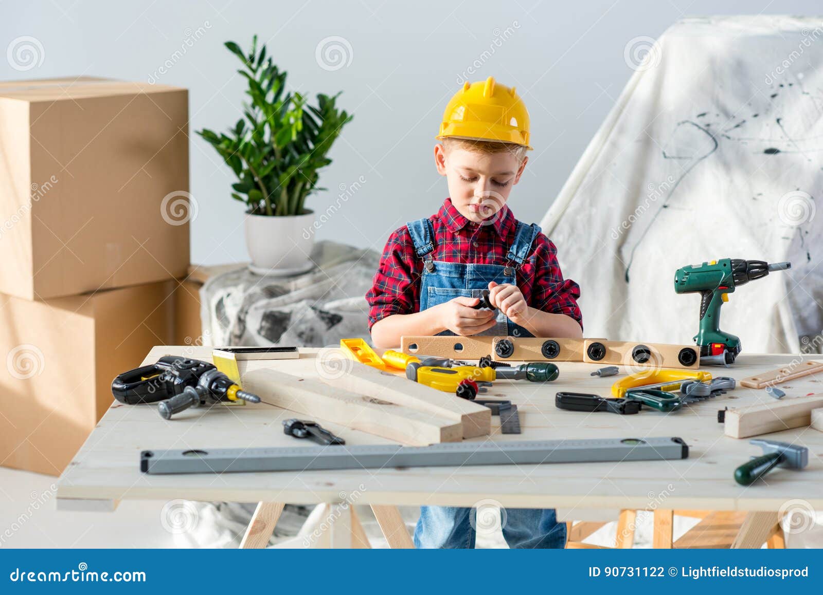 Little boy with tools stock photo. Image of contractor - 90731122