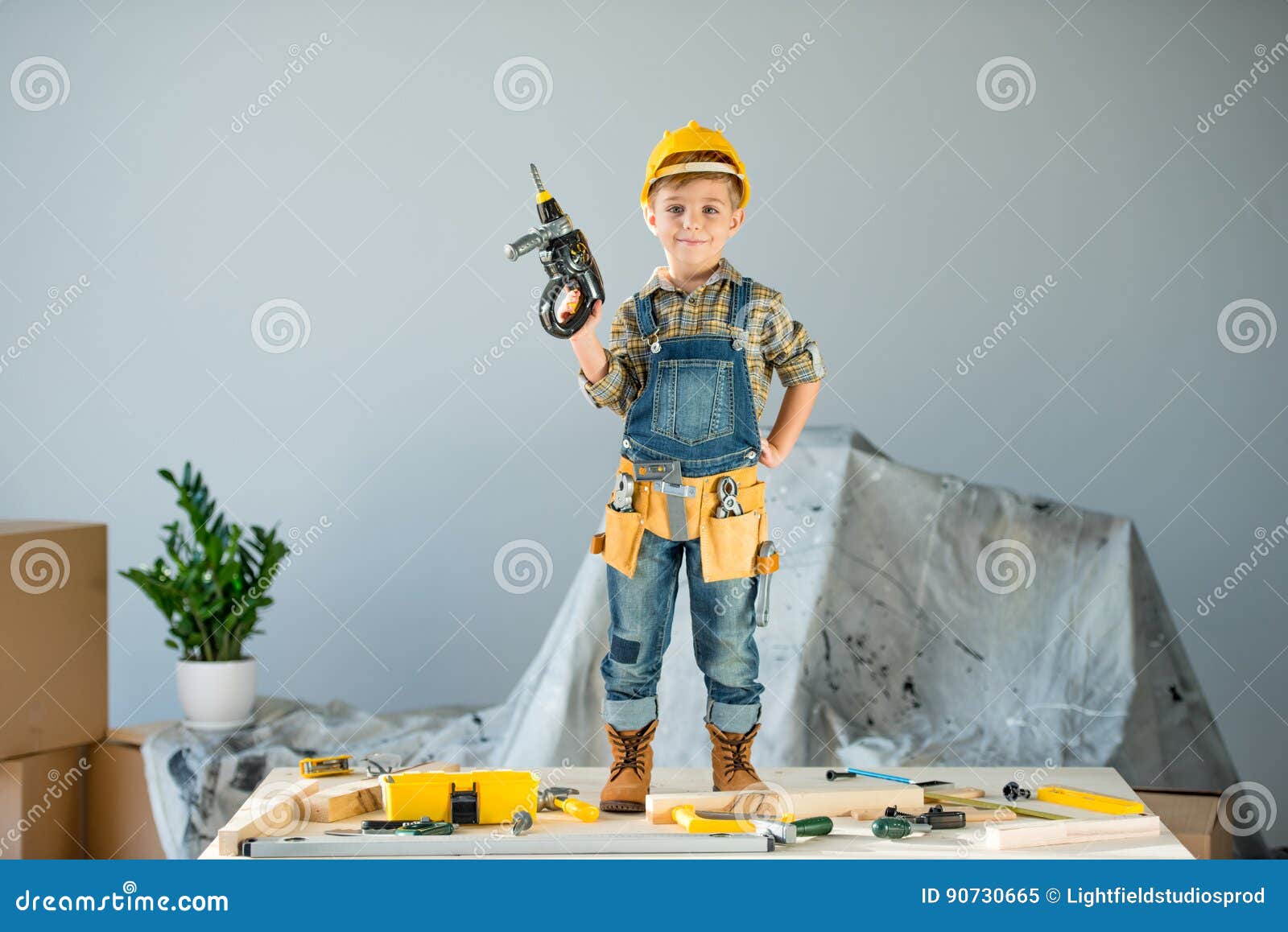 Little boy with tools stock image. Image of casual, table - 90730665
