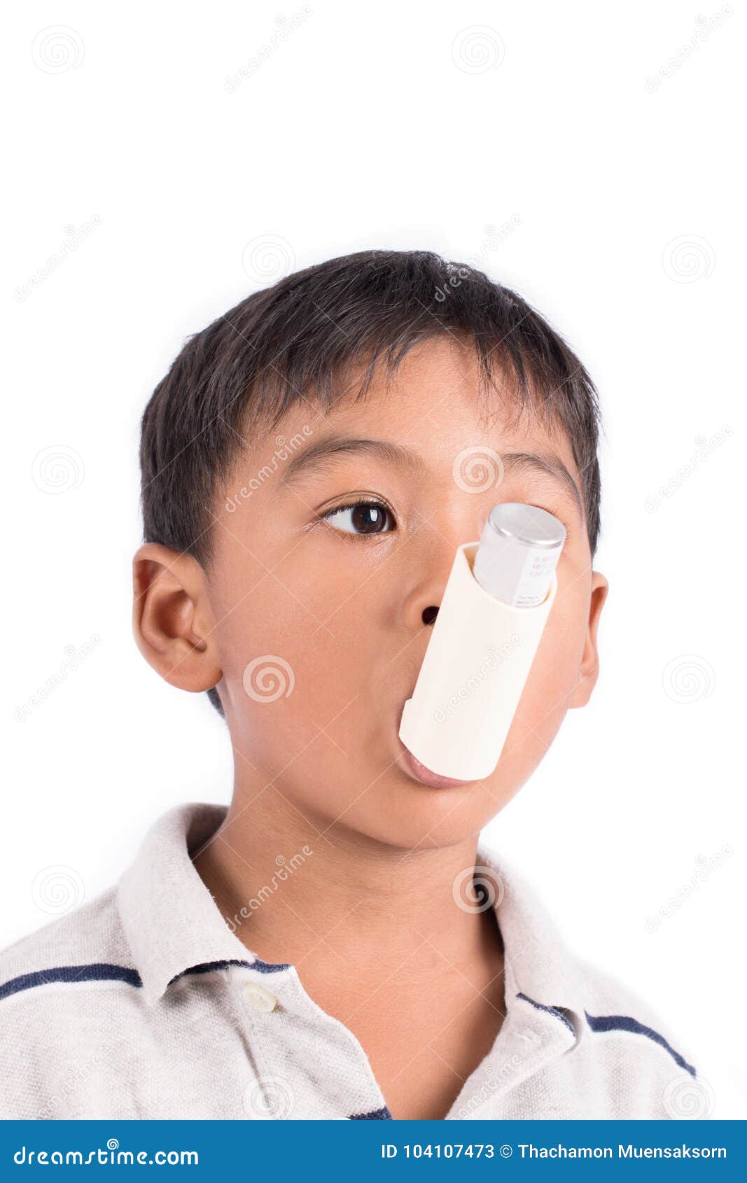 Asian Little Boy Using an Asthma Inhaler Stock Image - Image of ...