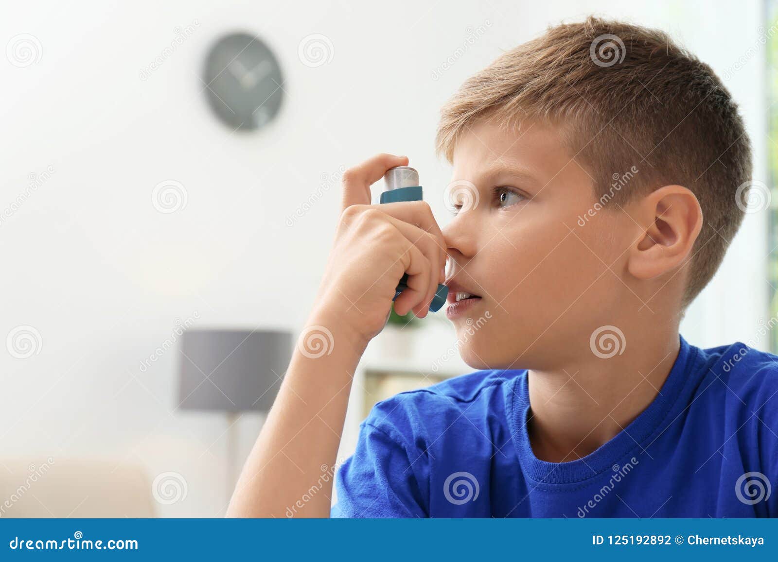 Little Boy Using Asthma Inhaler Stock Photo - Image of indoors, attack ...