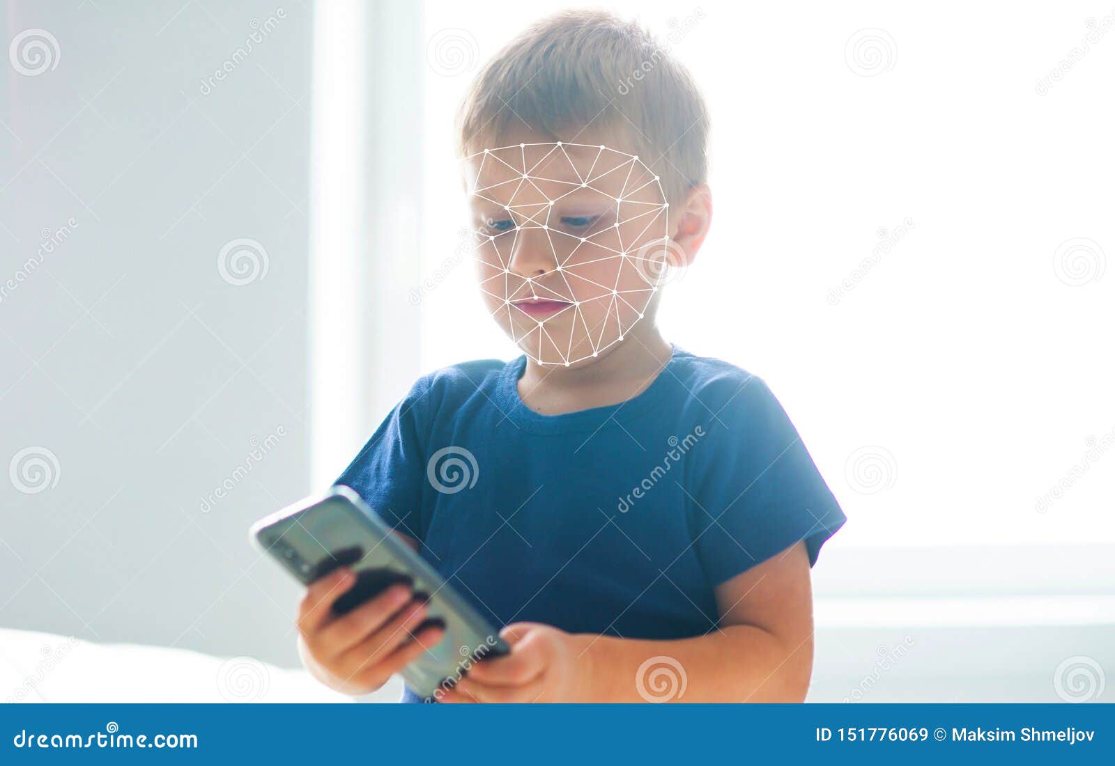 Little Boy Using Face Id Authentication. Kid with a Smartphone. Digital ...