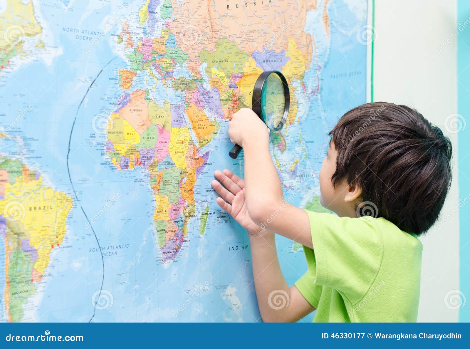 Little Boy Using Magnify Looking on Map Stock Image - Image of vacation ...