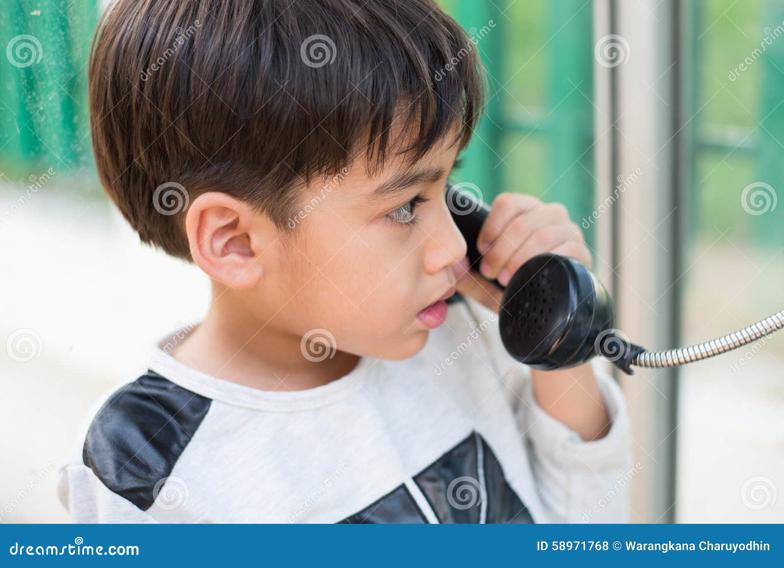 Little Boy Using Public Phone Outdoor Emergency Call Stock Photo ...