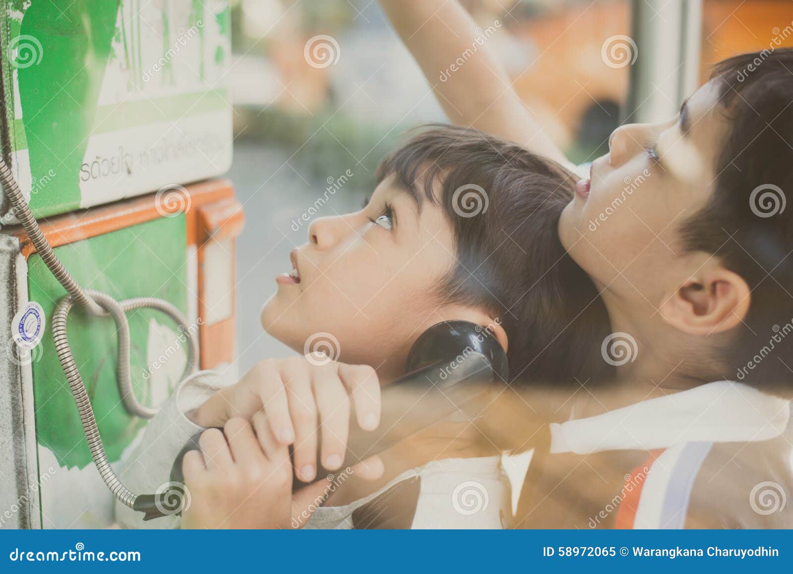 Little Boy Using Public Phone Outdoor Emergency Call Stock Image ...