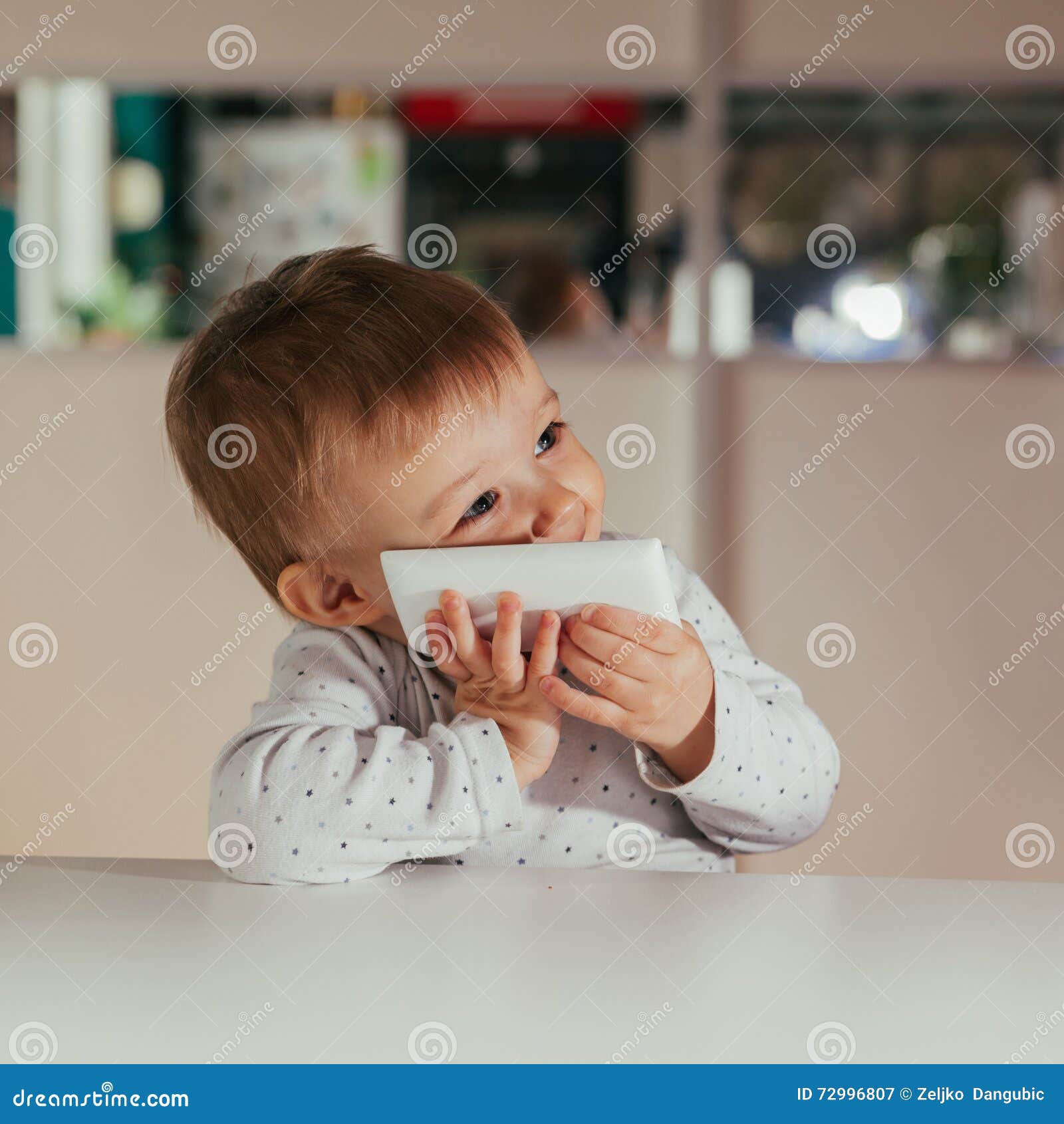 Little Boy Using Technology Stock Image - Image of kitchen, caucasian ...