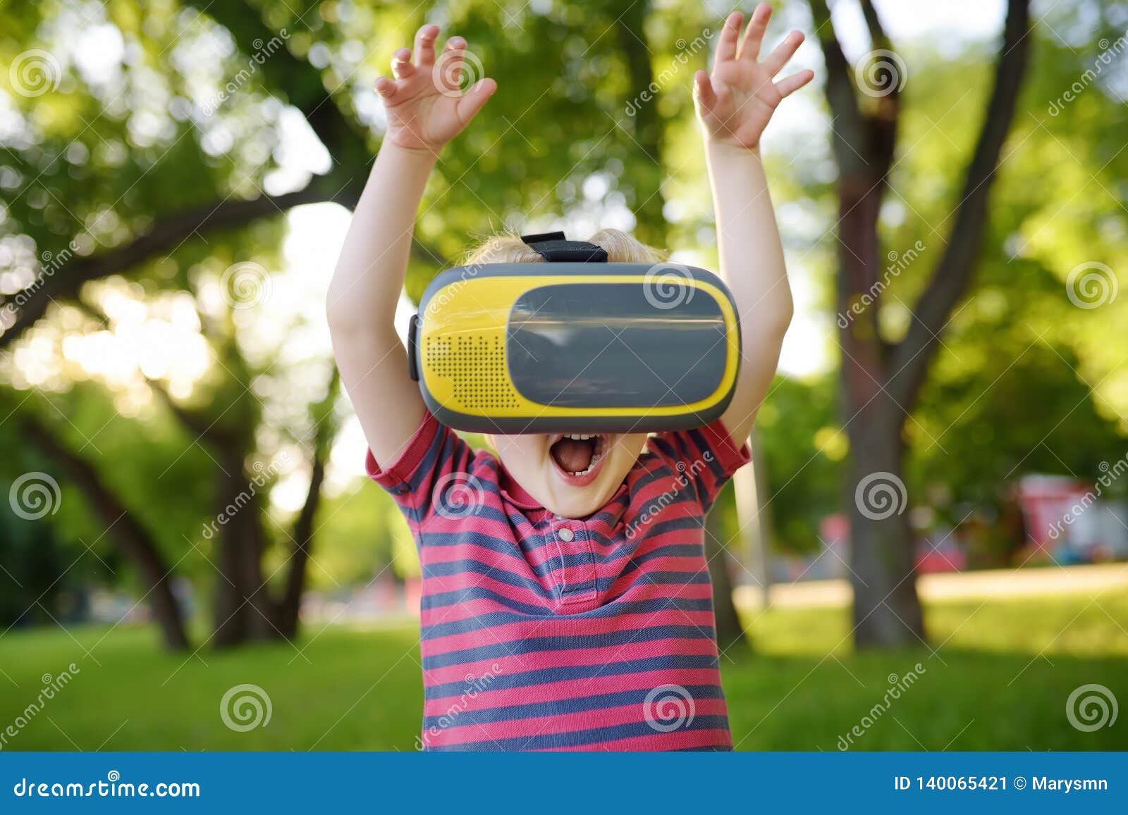 Little Boy Using Virtual Reality Headset Outdoor. VR, VR Glasses ...