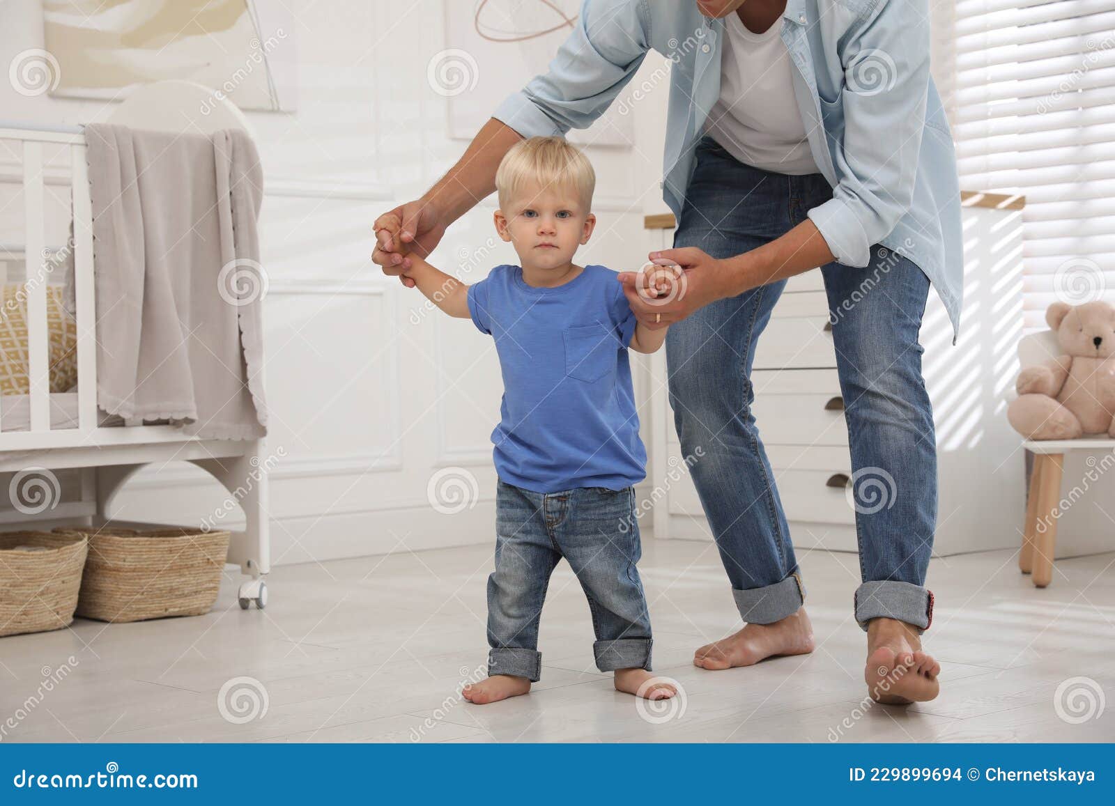 Little Boy Walking with Father`s Help Stock Photo - Image of male ...