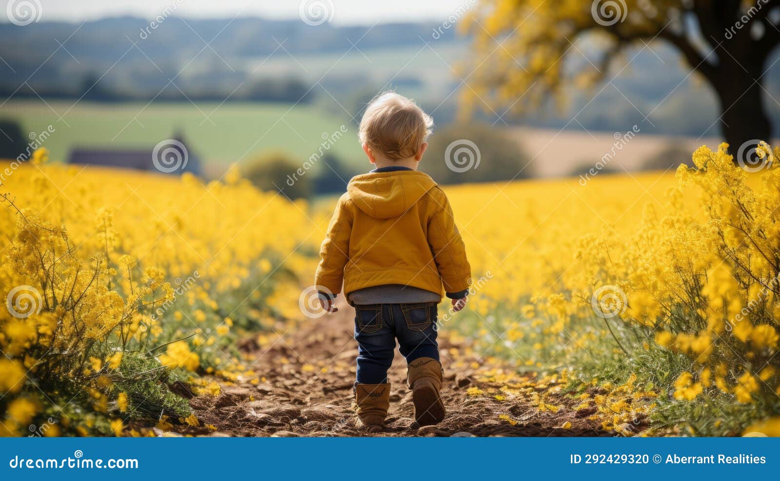 A Little Boy Walking through a Field of Yellow Flowers Stock ...