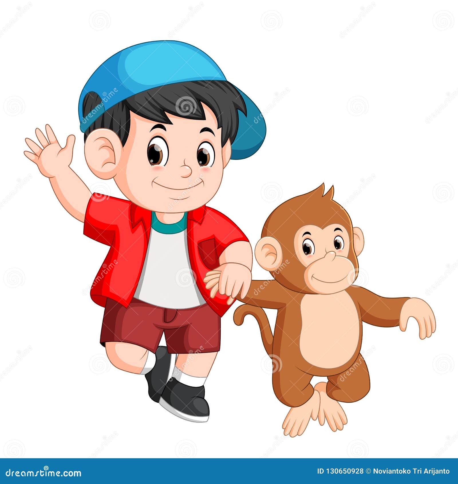 Little Boy Is Walking With A Monkey Vector Illustration | CartoonDealer ...