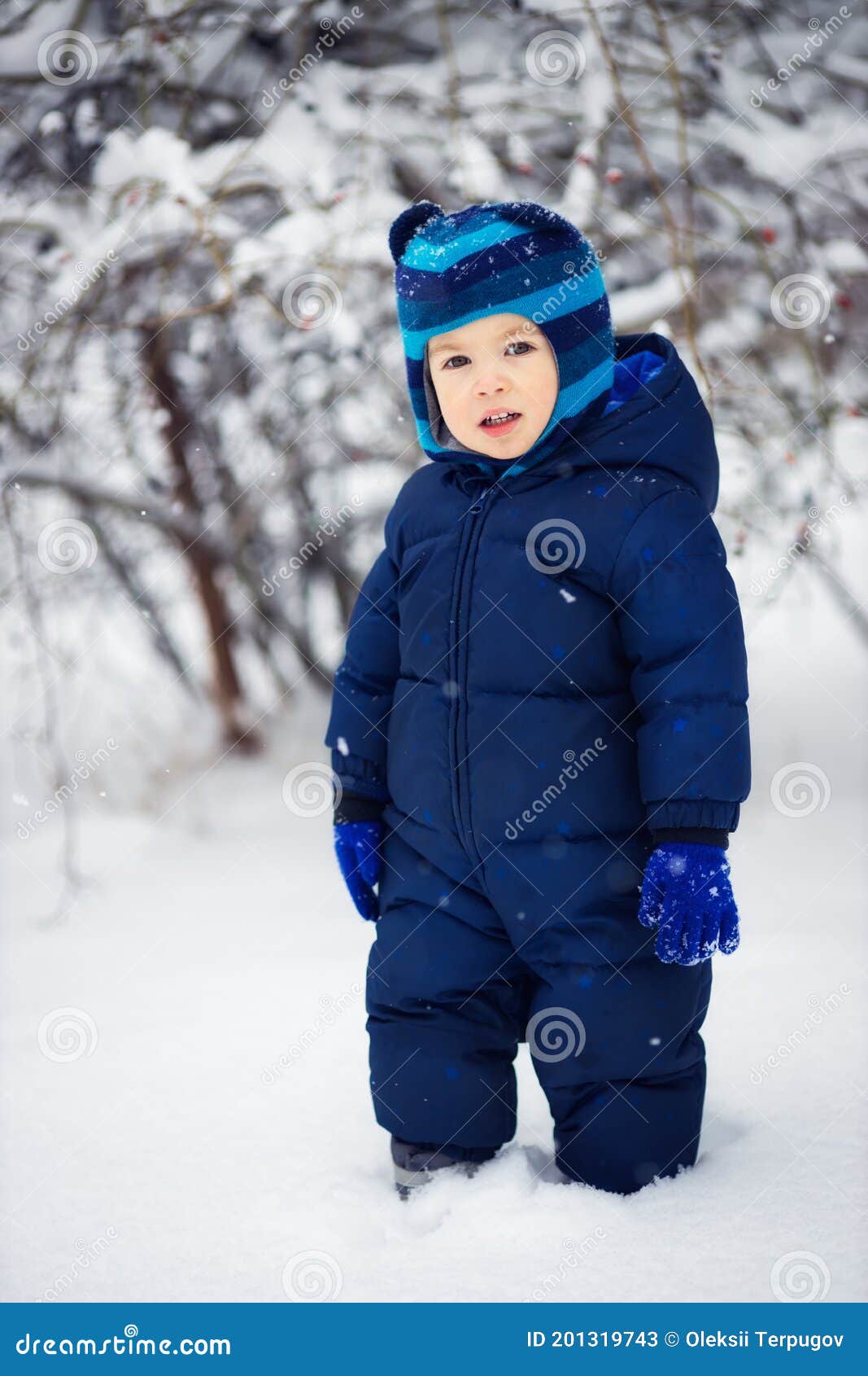 Little Boy Walking on Snow in Winter Outdoors Stock Image - Image of ...