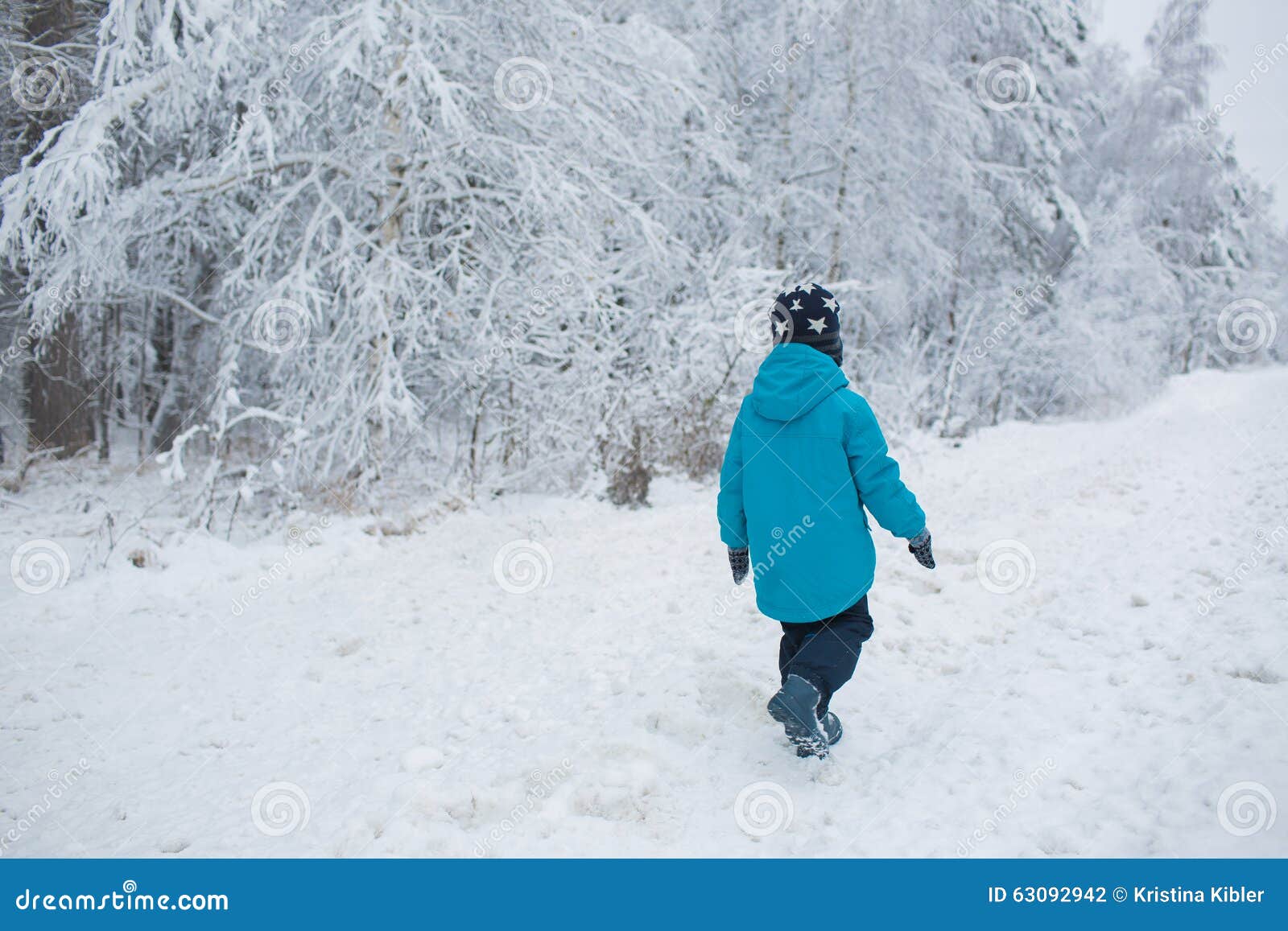 Little Boy Walks in a Snow in the Winter. Back View Stock Photo - Image ...