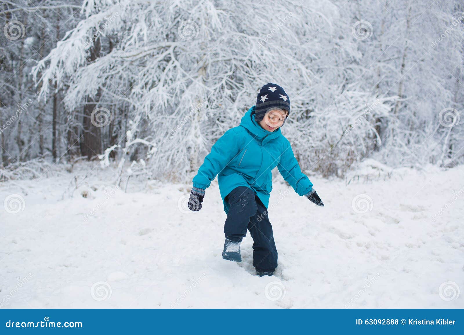 Little Boy Walks in a Snow in the Winter Park Stock Photo - Image of ...