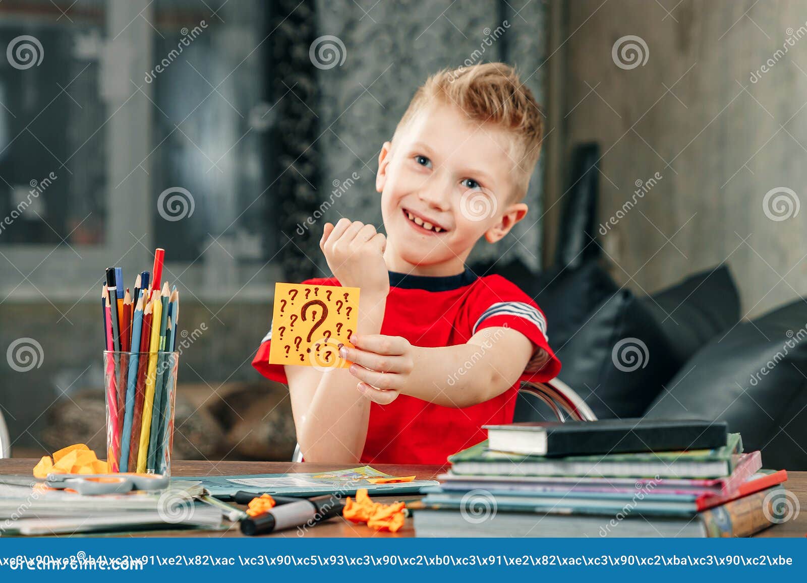 The Little Boy Was Thinking, Sticking a Sticker on His Forehead. Solves ...