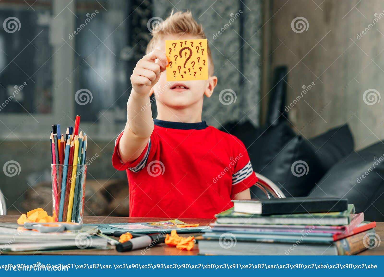 The Little Boy Was Thinking, Sticking a Sticker on His Forehead. Solves ...