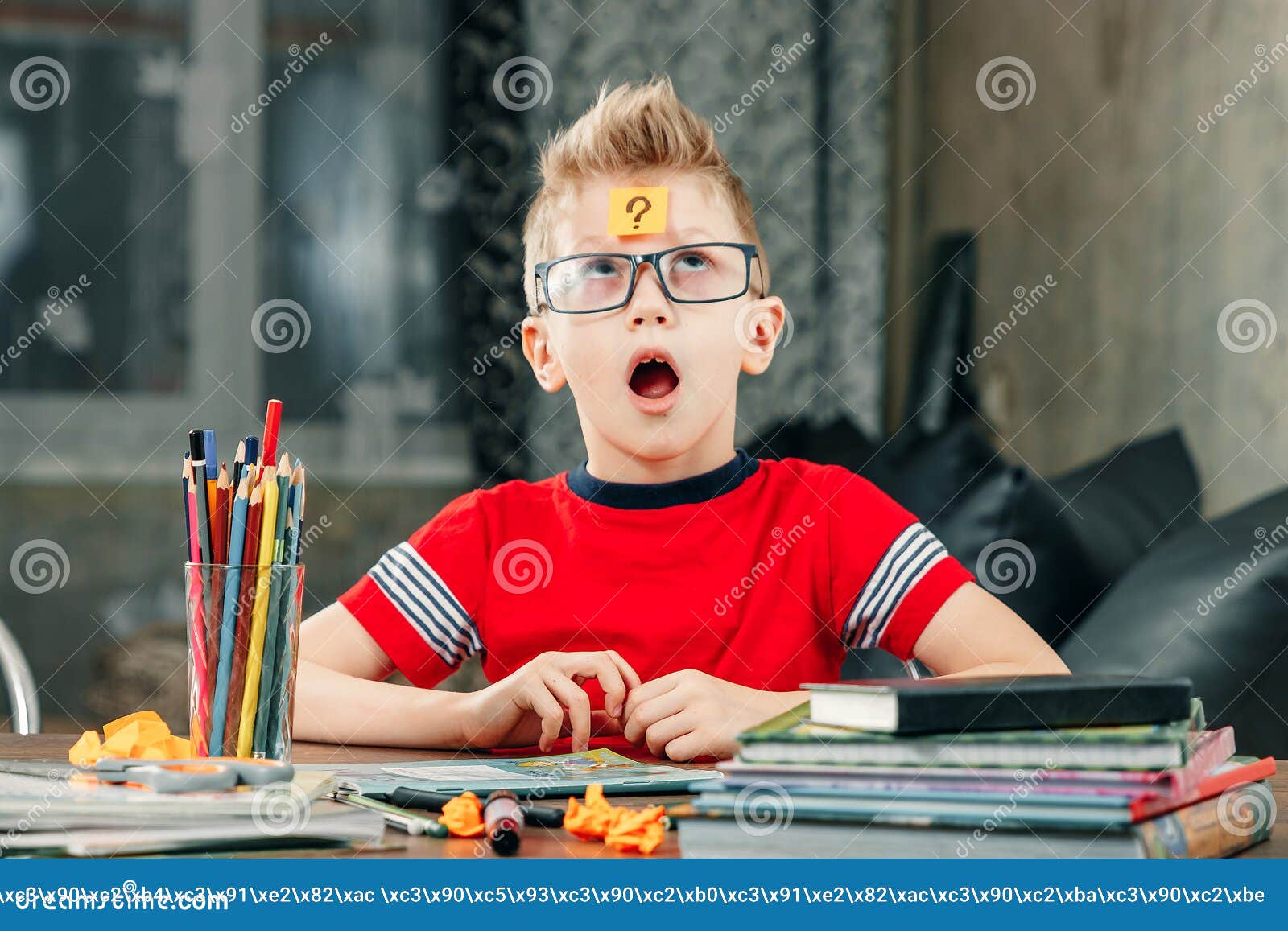 The Little Boy Was Thinking, Sticking a Sticker on His Forehead. Solves ...