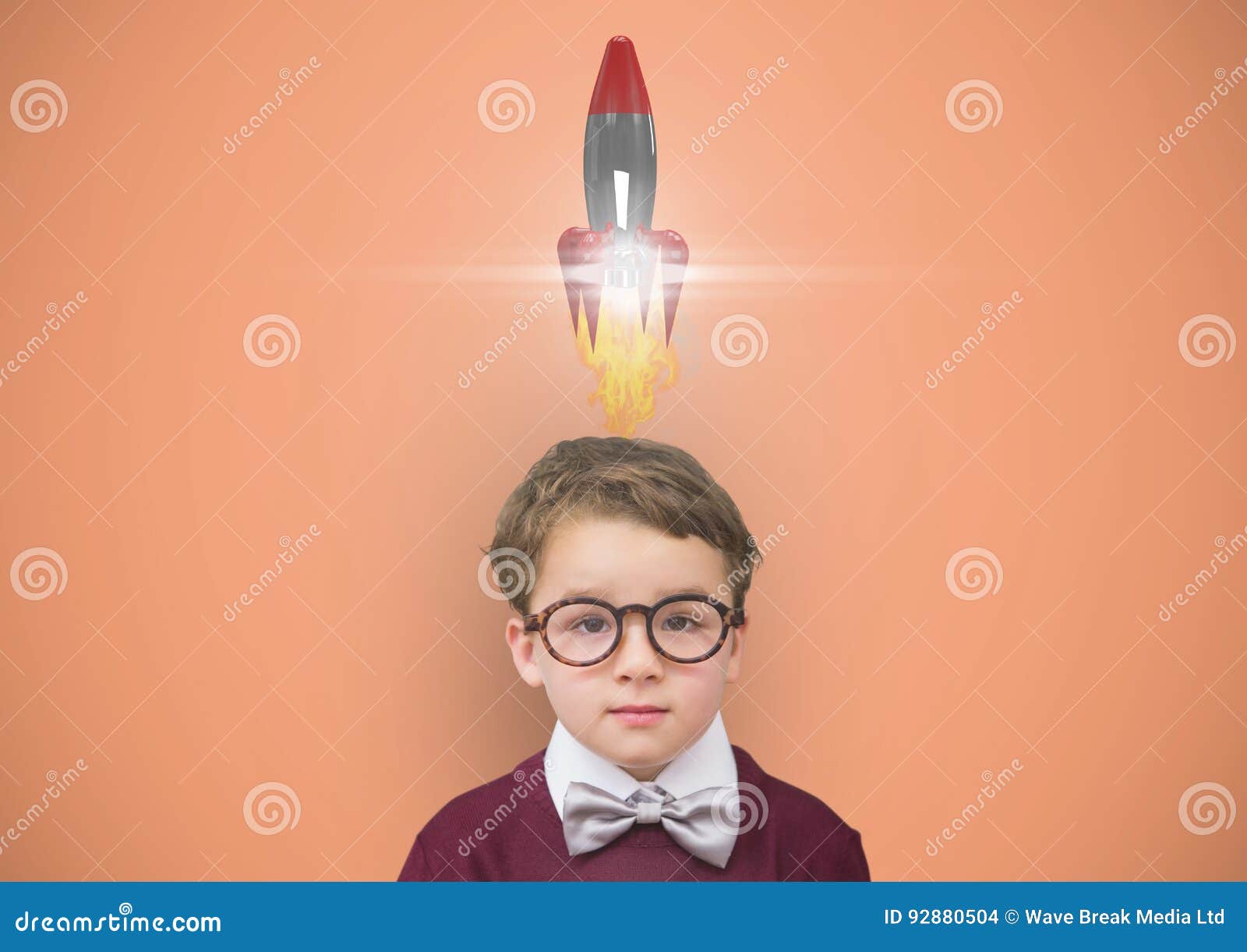 Little Boy Wearing Eyeglasses with Rocket Over Head Stock Illustration ...