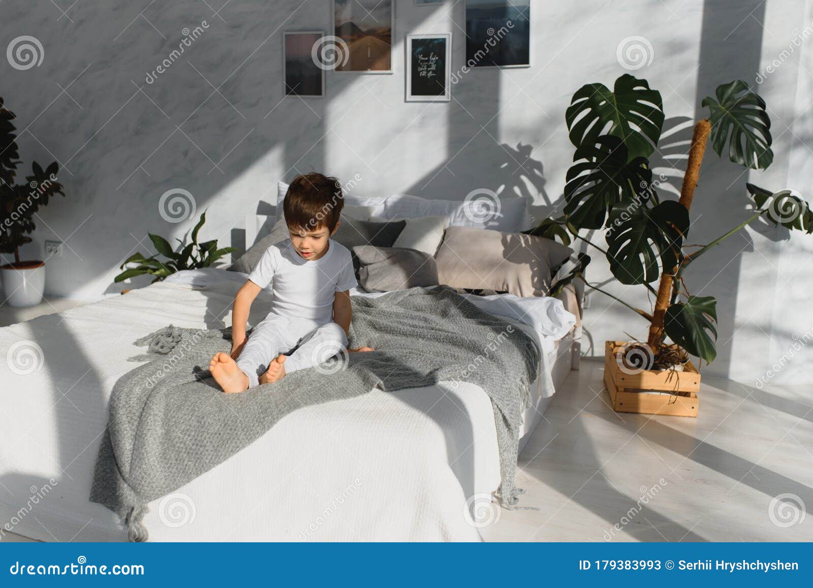 Little Boy Wearing White Pyjamas in Bed Stock Image - Image of healthy ...