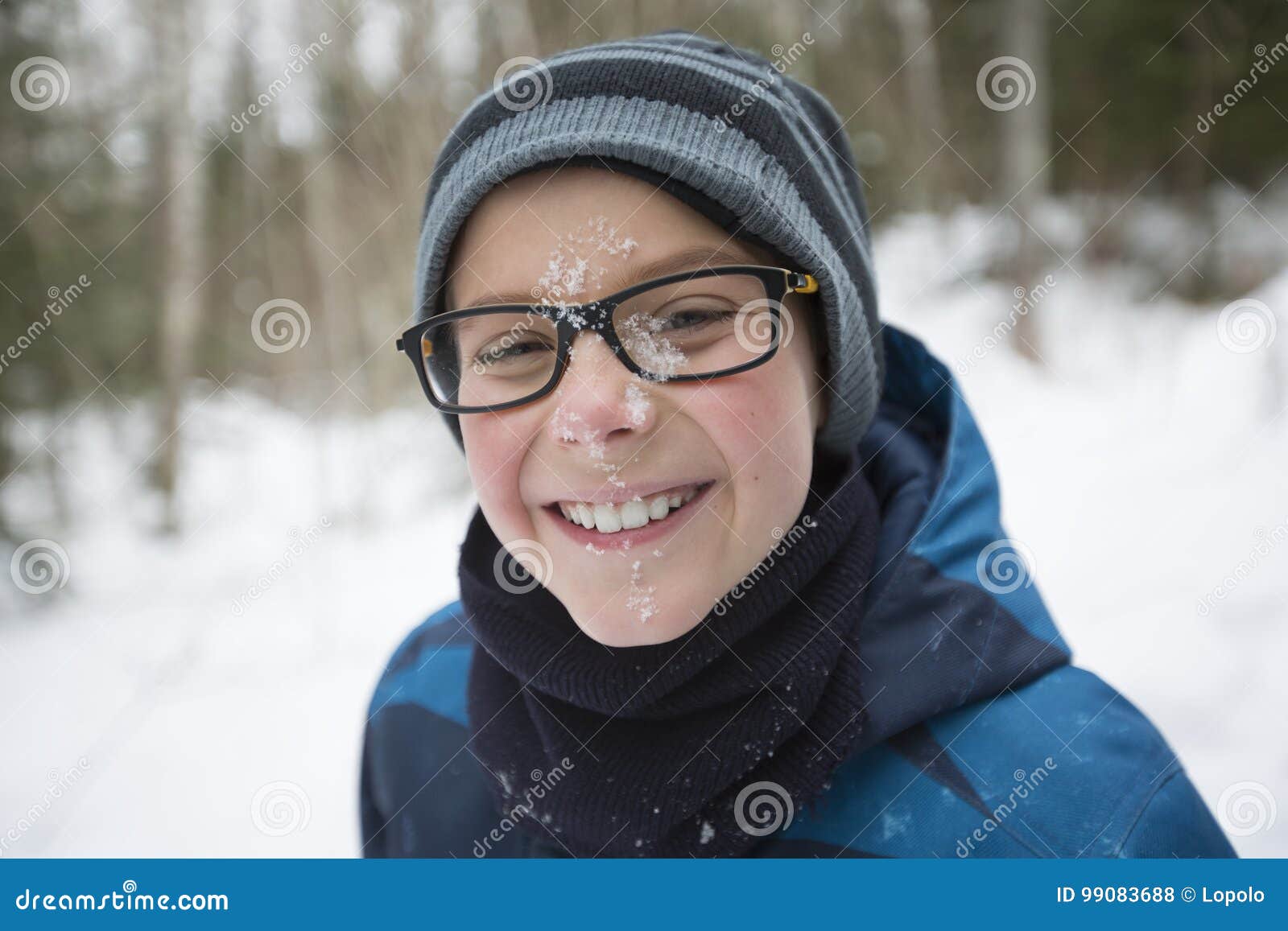 Little Boy in Winter with Hat in Snow Forest. Stock Photo - Image of ...