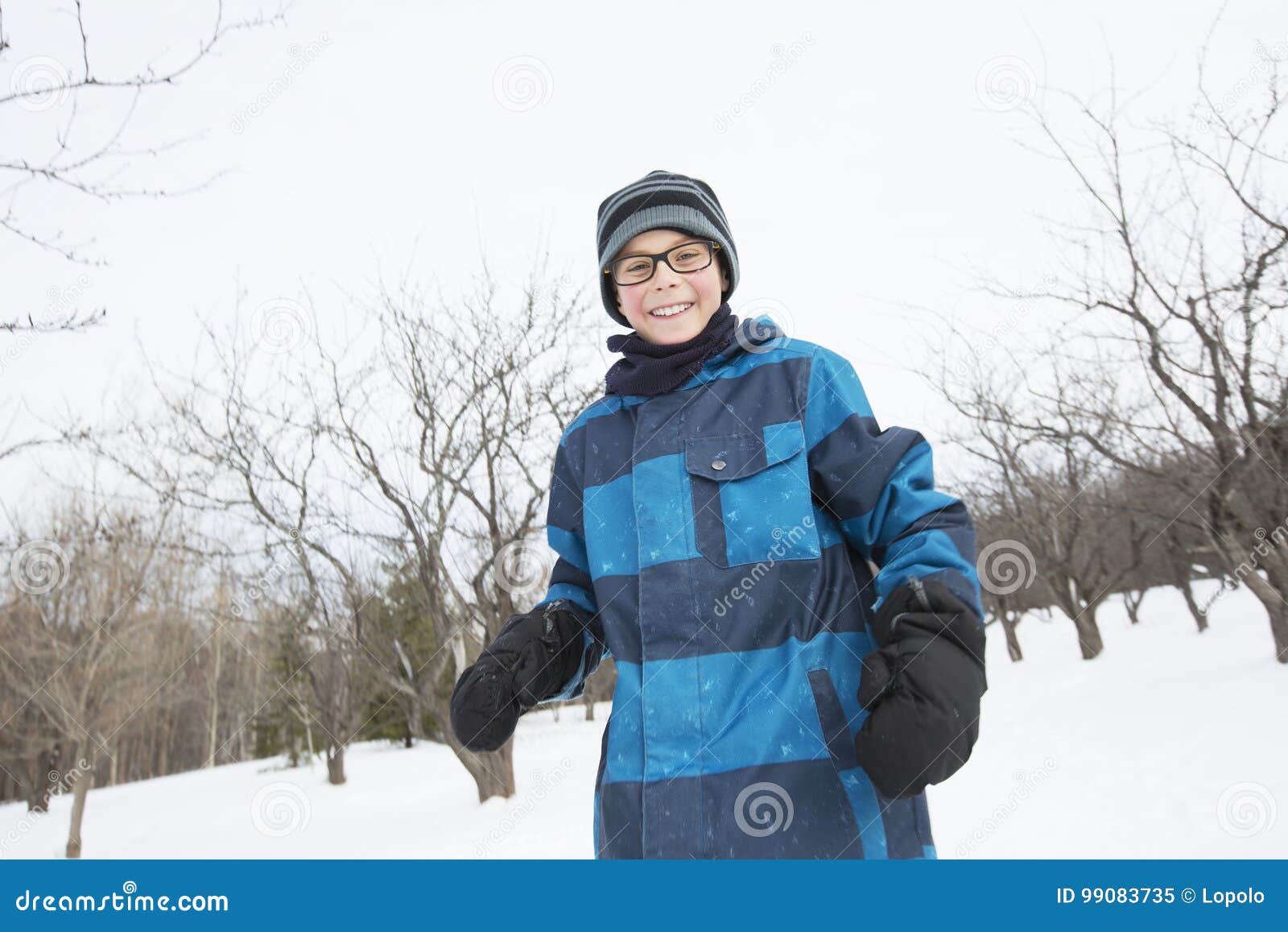 Little Boy in Winter with Hat in Snow Forest. Stock Image - Image of ...