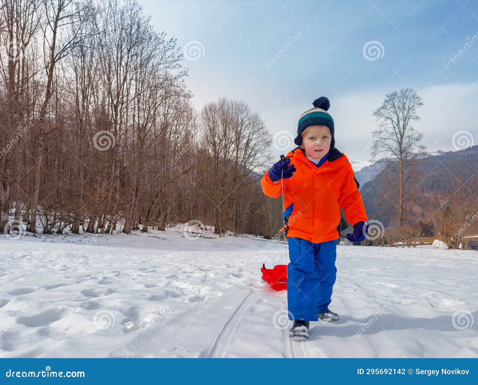 Little Boy in Winter Outfit Pull Red Sledge Mounting the Slope Stock ...