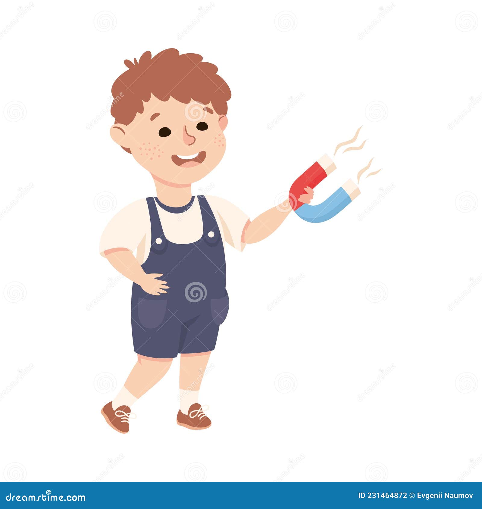Little Boy Working on Physics Science Experiment with Magnet Vector ...