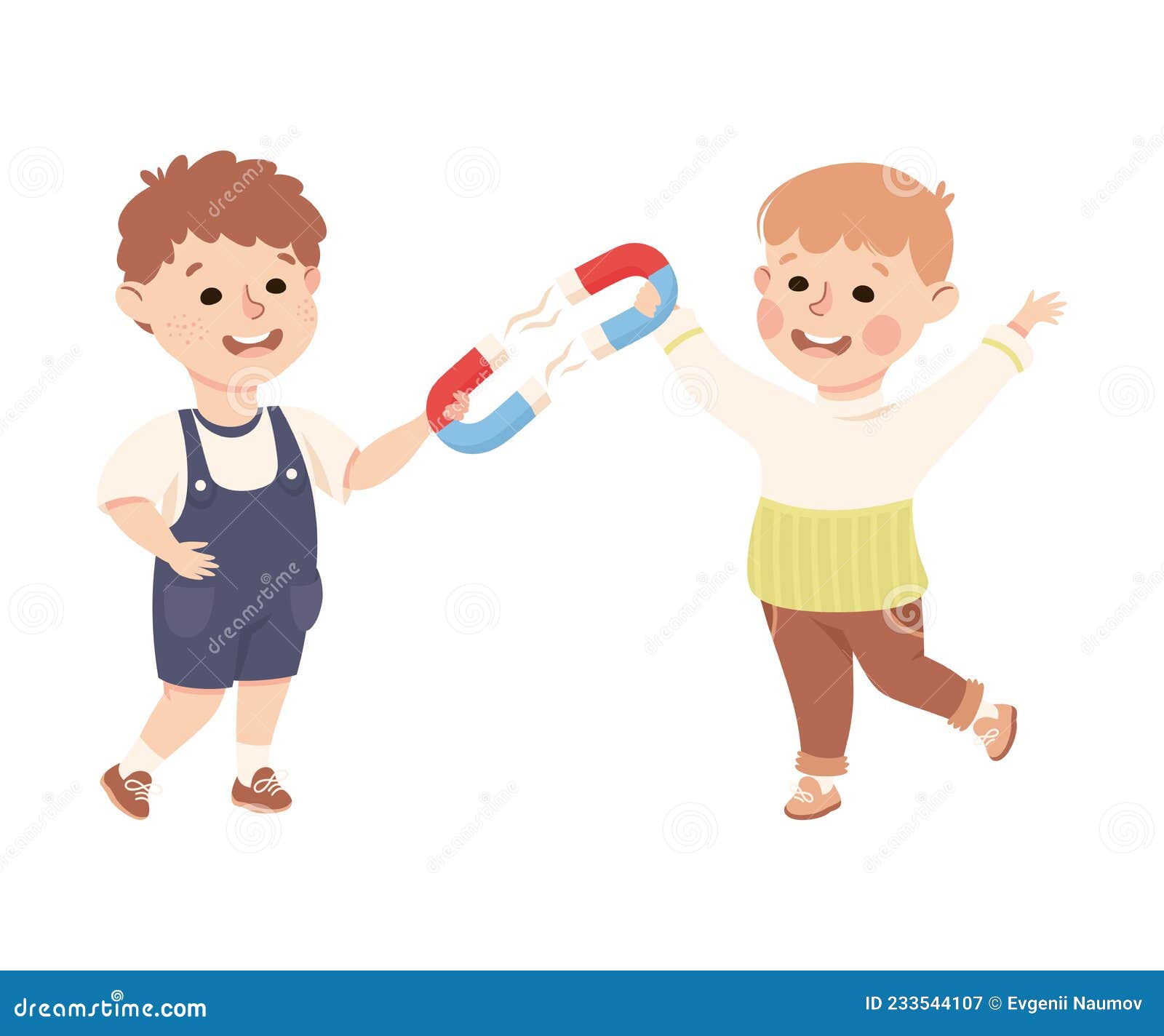 Little Boy Working on Physics Science Experiment with Magnet Vector ...