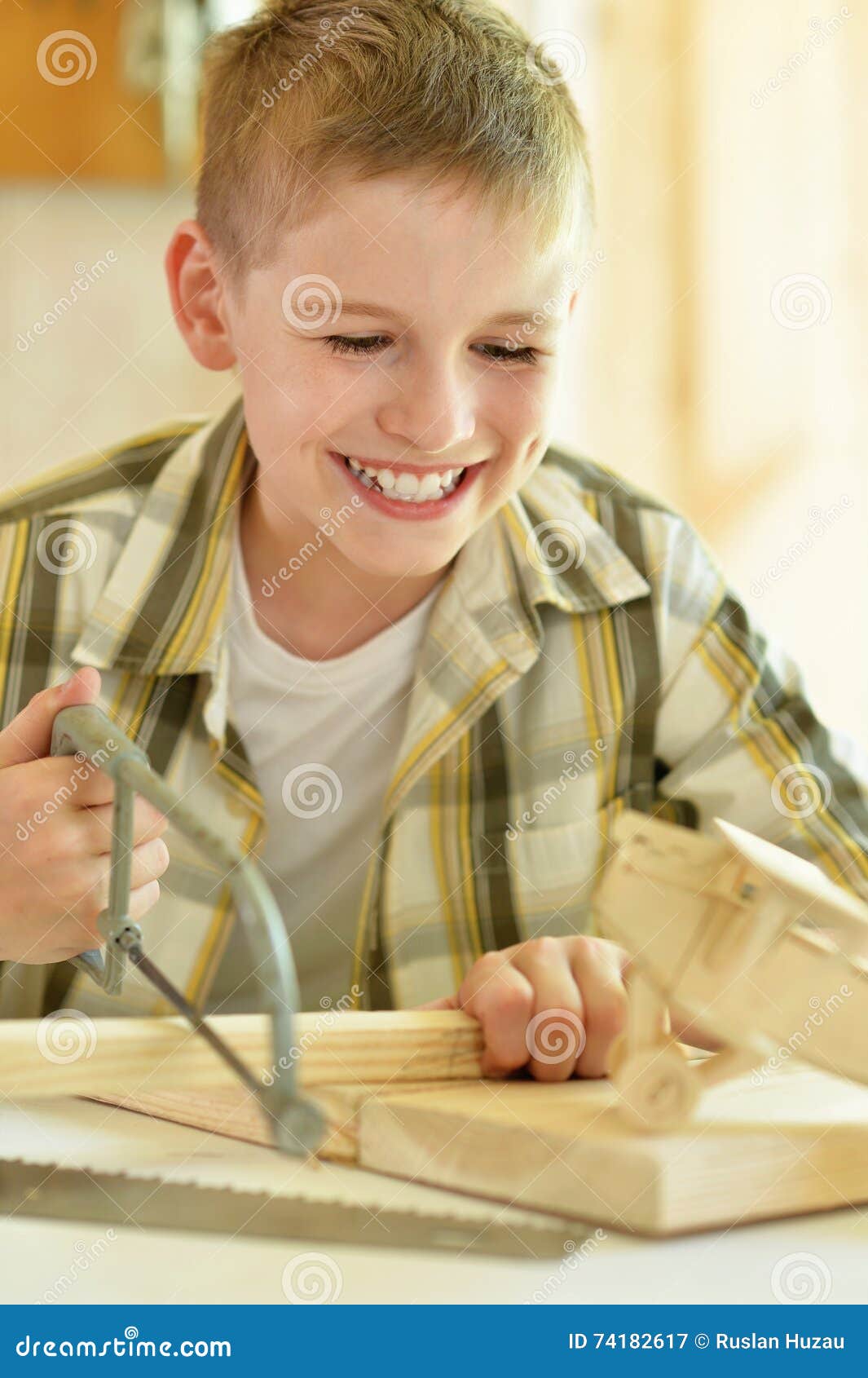 Little Boy Working with Wood Stock Image - Image of home, technology ...