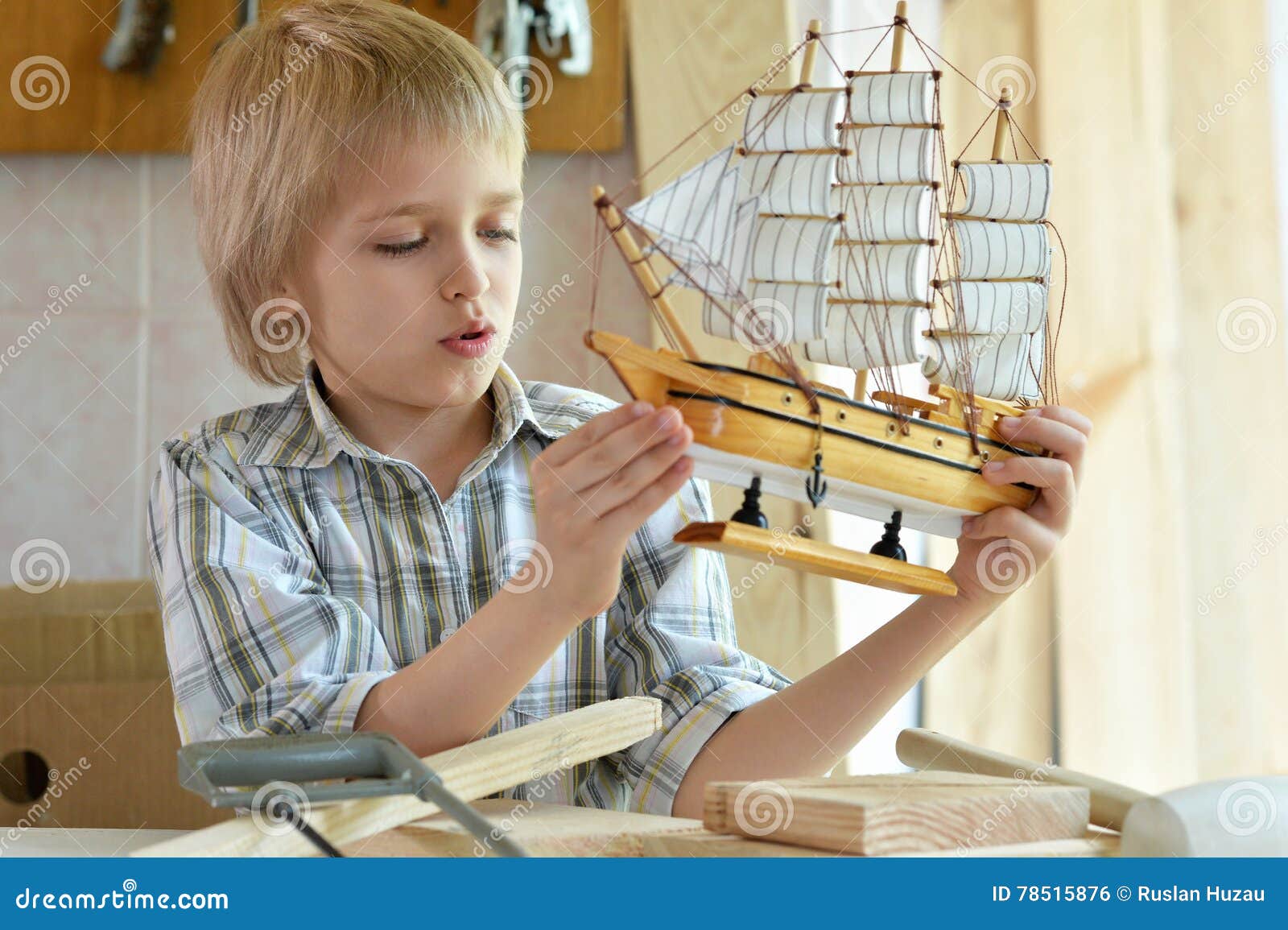 Little Boy Working with Wood Stock Photo - Image of caucasian, little ...