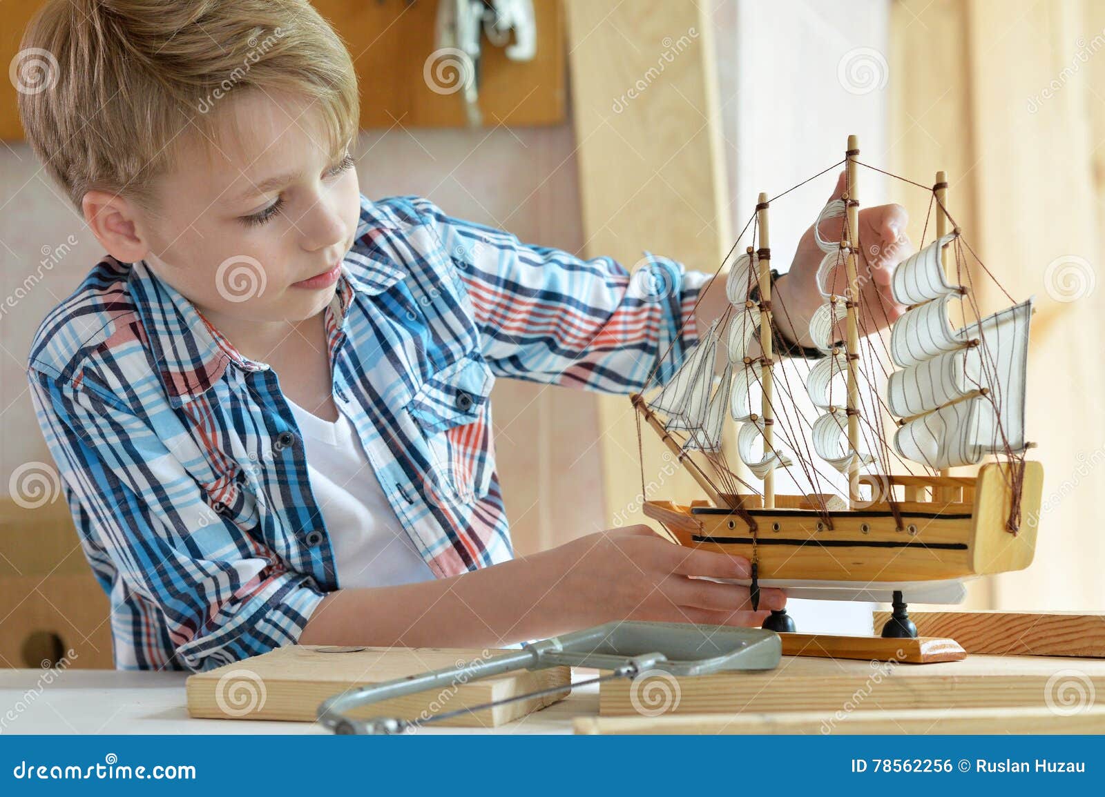 Little Boy Working with Wood Stock Photo - Image of instrument, little ...