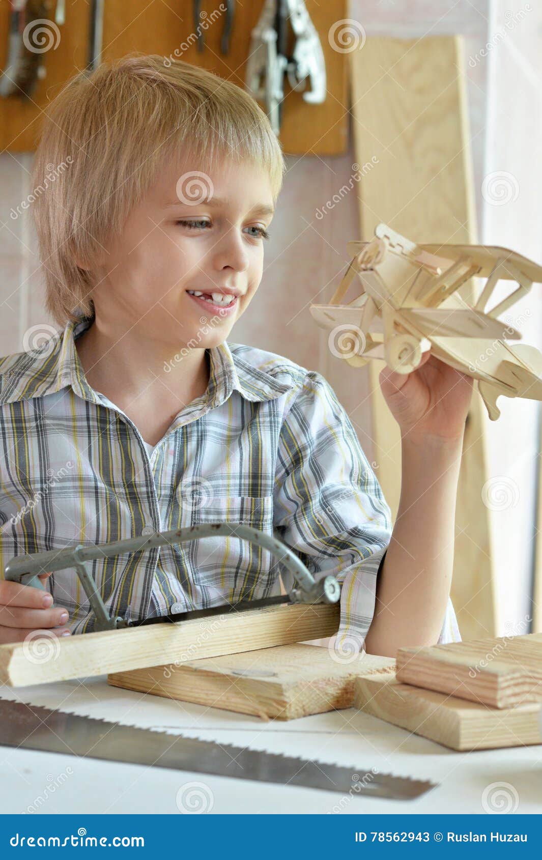 Little Boy Working with Wood Stock Image - Image of carpenter, power ...
